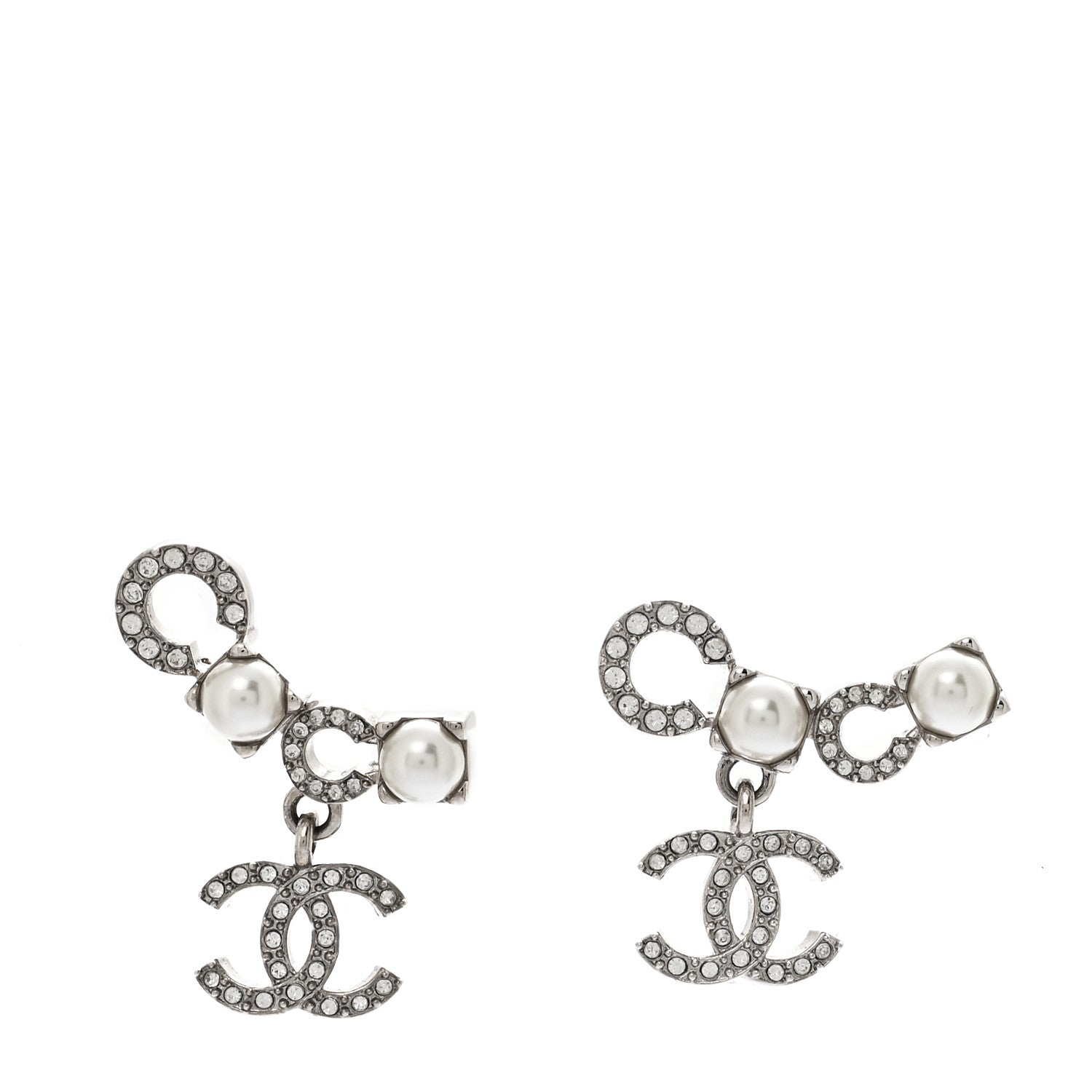 Chanel Metal Crystal Pearl Coco CC Earrings Silver 1717311 – FASHIONPHILE