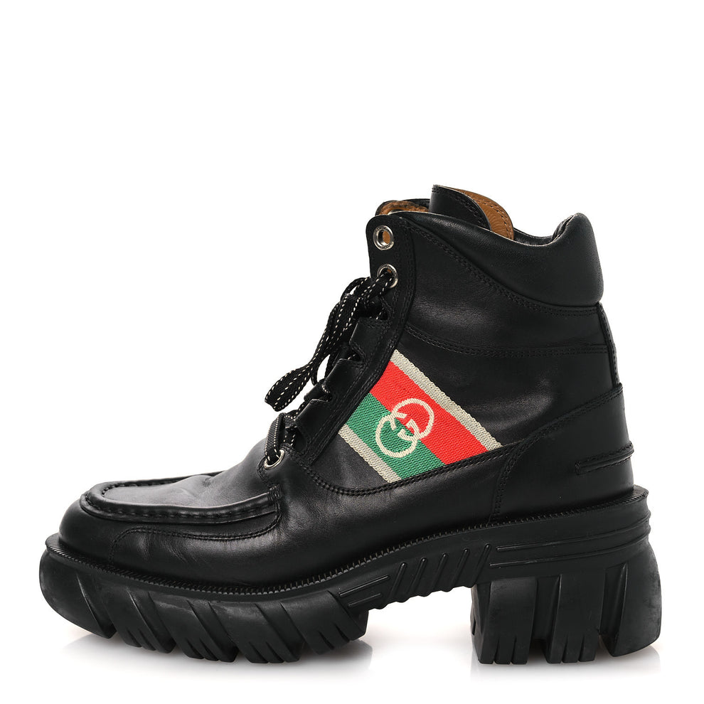 Gucci Quebec Calfskin Web Womens Interlocking G Lace Up Combat Boots 38 ...