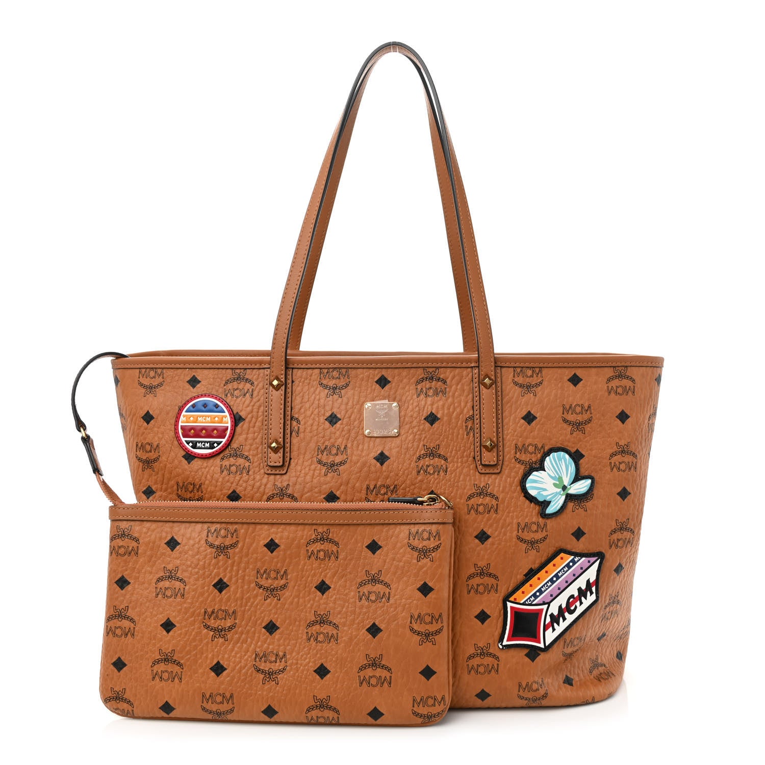 MCM Visetos Medium Anya Essential Victory Patch Shopper Tote Cognac ...