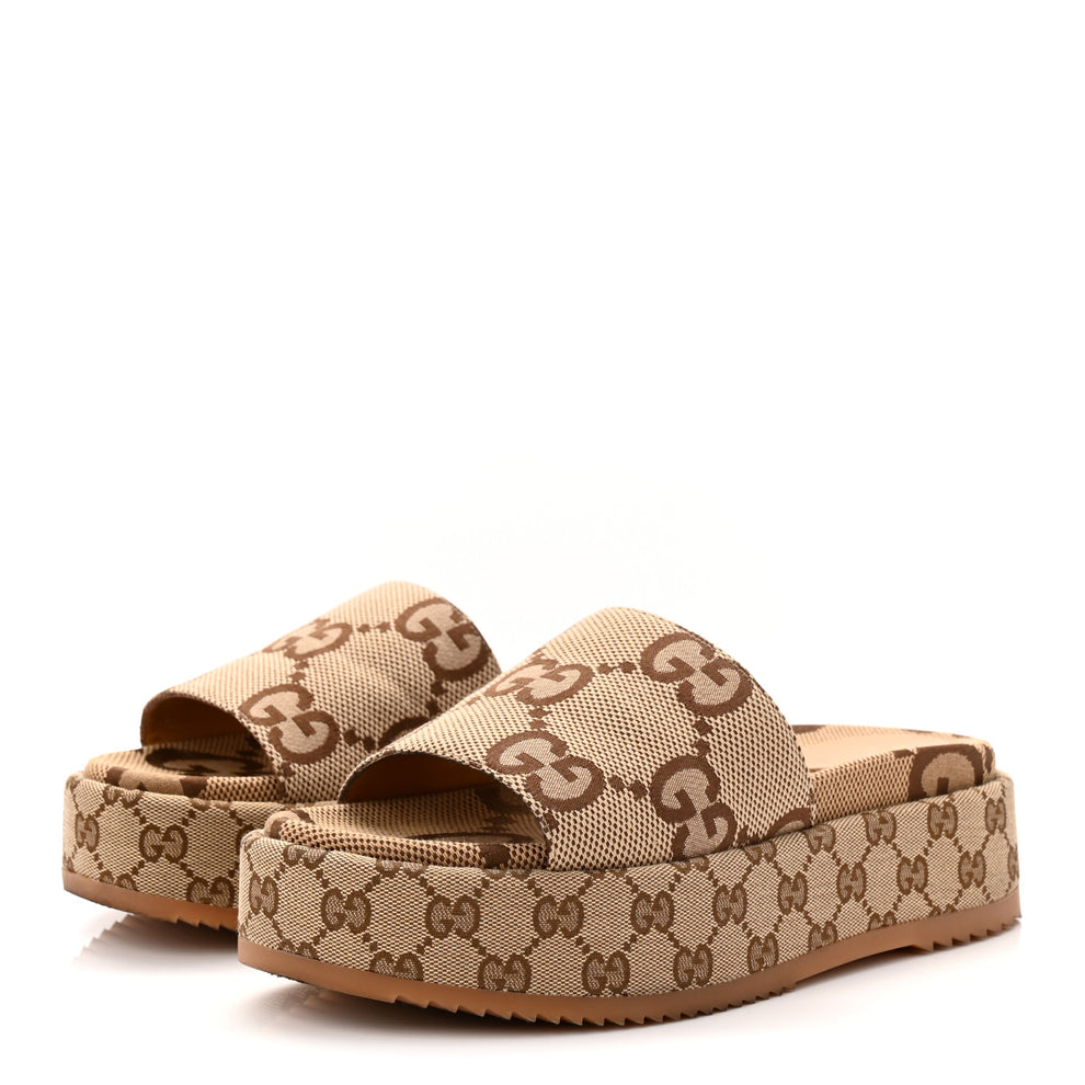 Gucci Monogram Maxi GG Angelina Platform 55mm Slide Sandals 40 Camel ...
