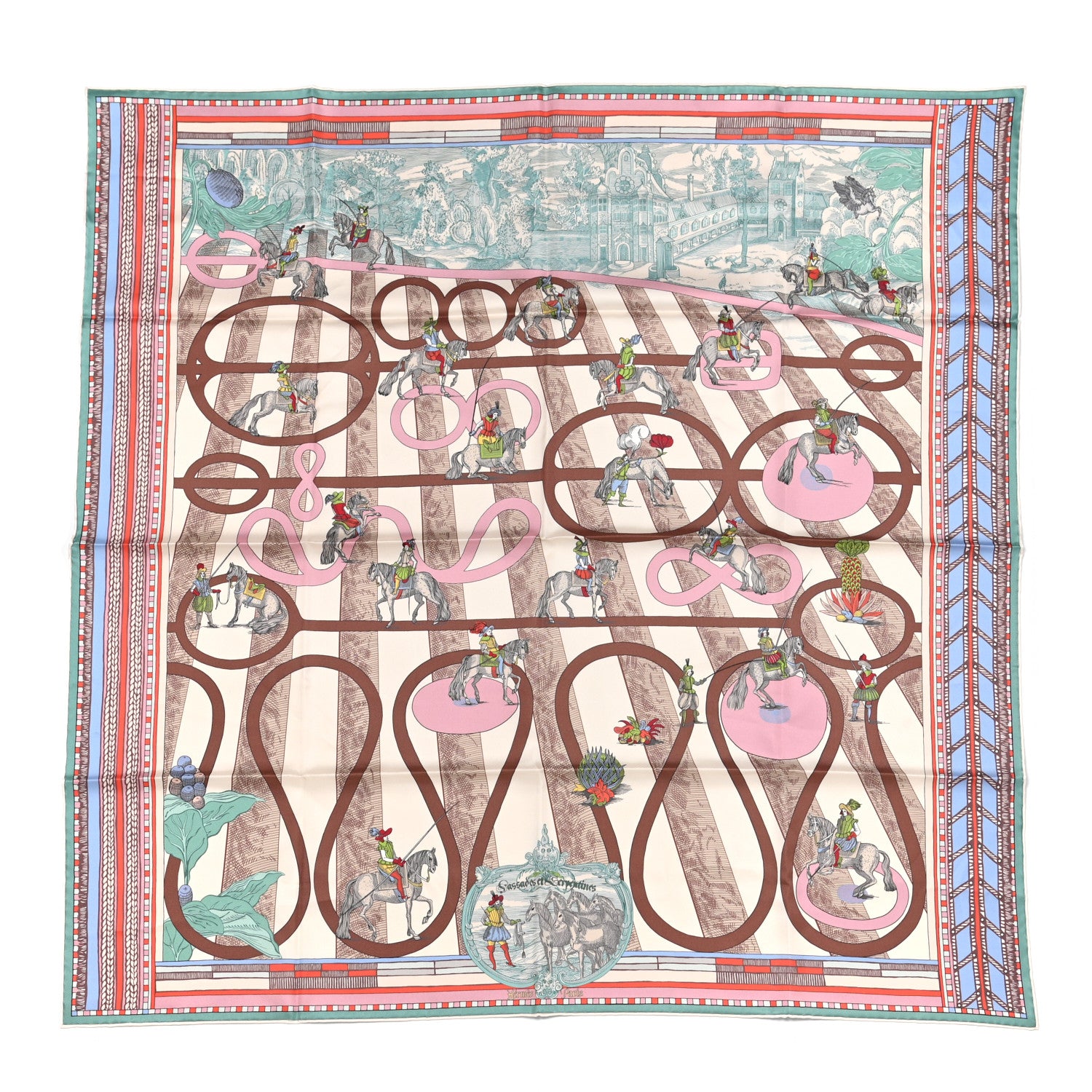 Hermes Silk Passades et Serpentines Double Face Scarf 90 Creme Vert ...
