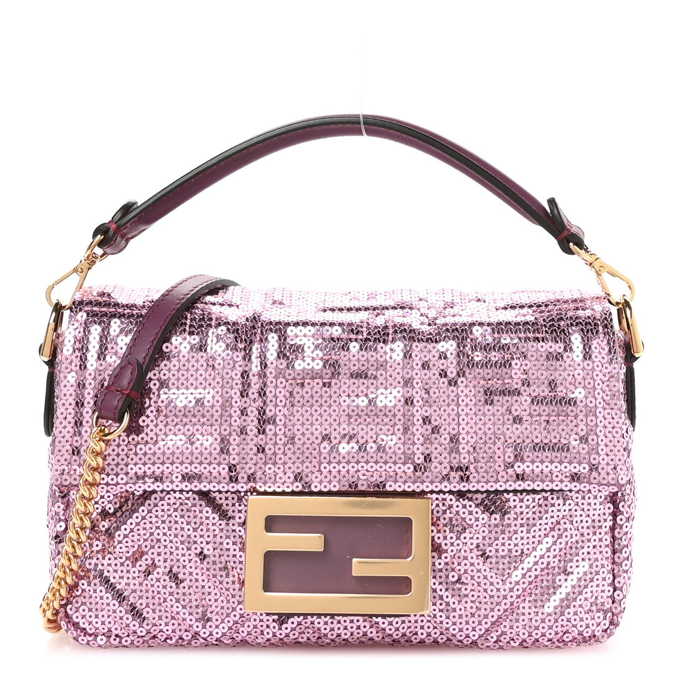 Fendi Ricamo Sequin Paillettes Vitello Grace FF Mini Baguette Rosa ...