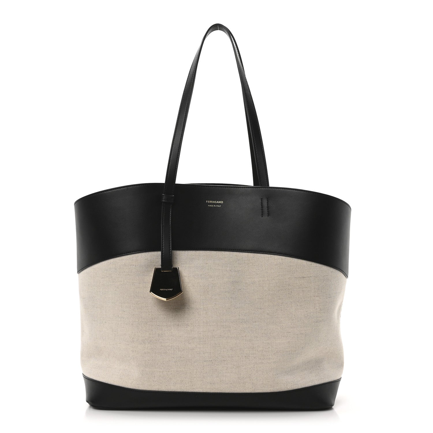 Salvatore Ferragamo Canvas Calfskin Medium Charming Tote Natural Black ...