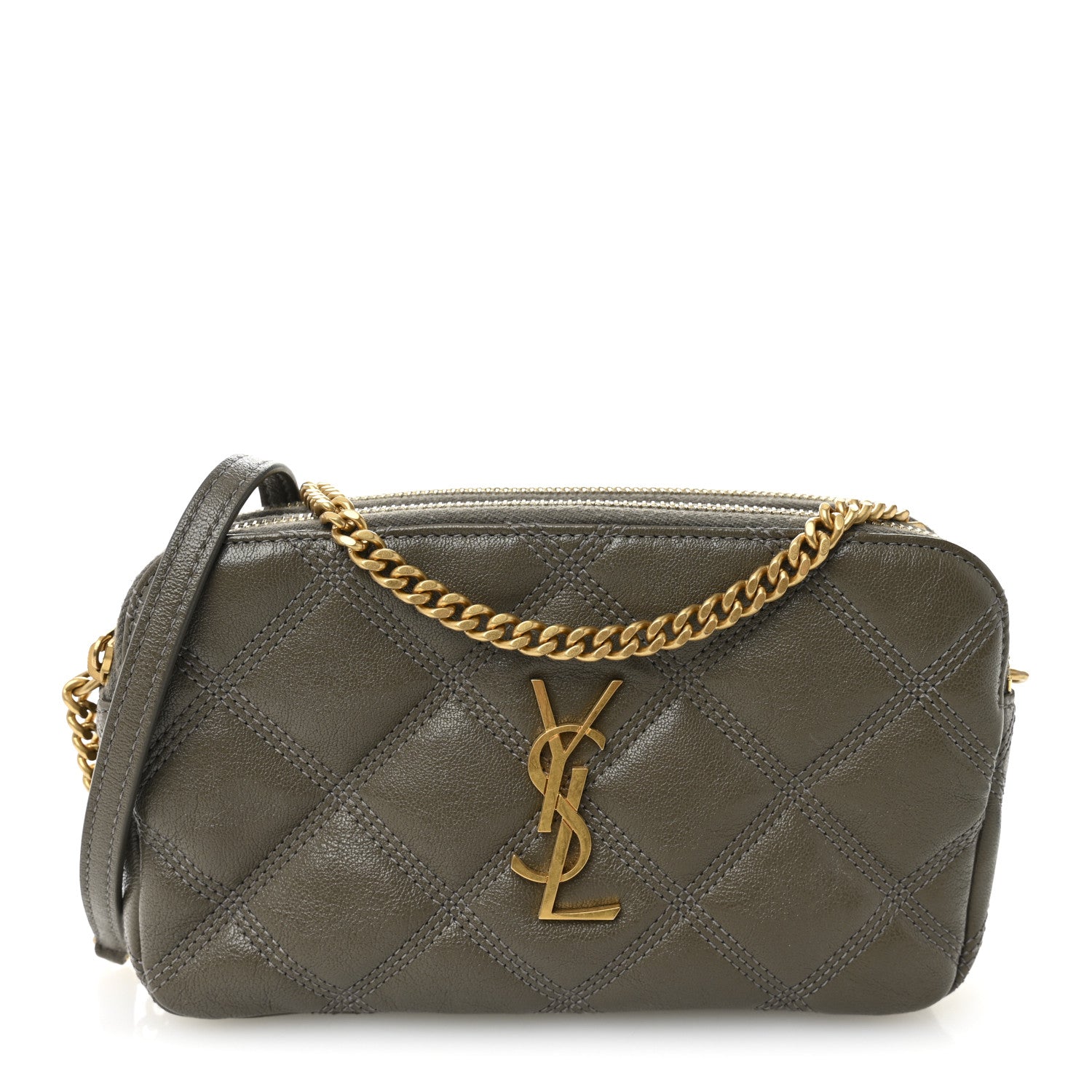 Saint Laurent Grained Lambskin Quilted Mini Becky Double Zip Bag Taupe ...