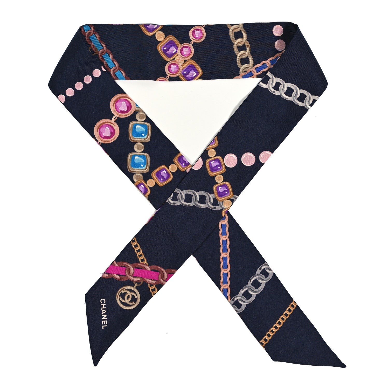 Chanel Silk Pearl CC Chain Slim Bandeau Scarf Navy Blue 1243393 ...