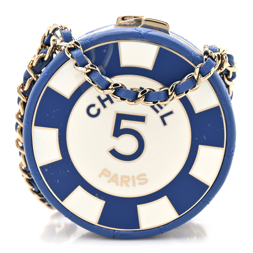 Chanel Lambskin Enamel Quilted Round Poker Chip Clutch With Chain Blue ...