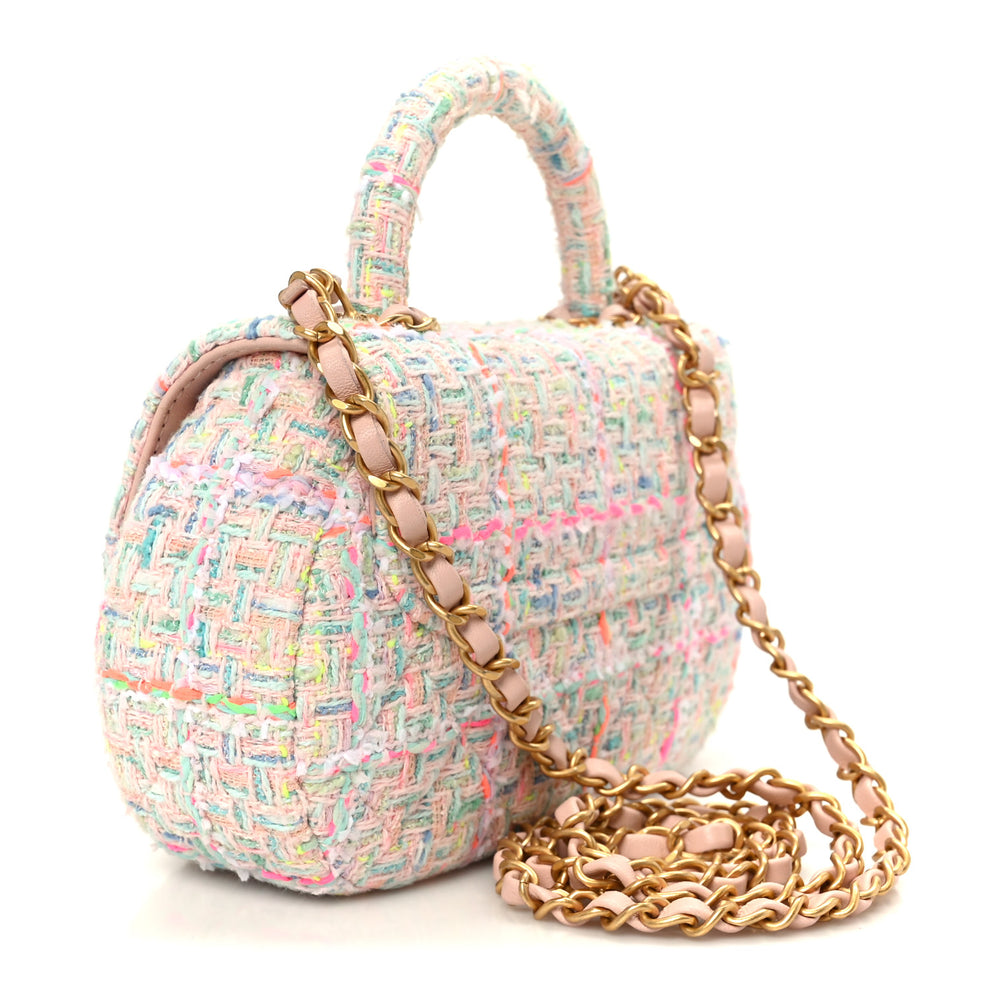 Chanel Tweed Quilted Baywatch Top Handle Flap Light Pink Green Orange ...