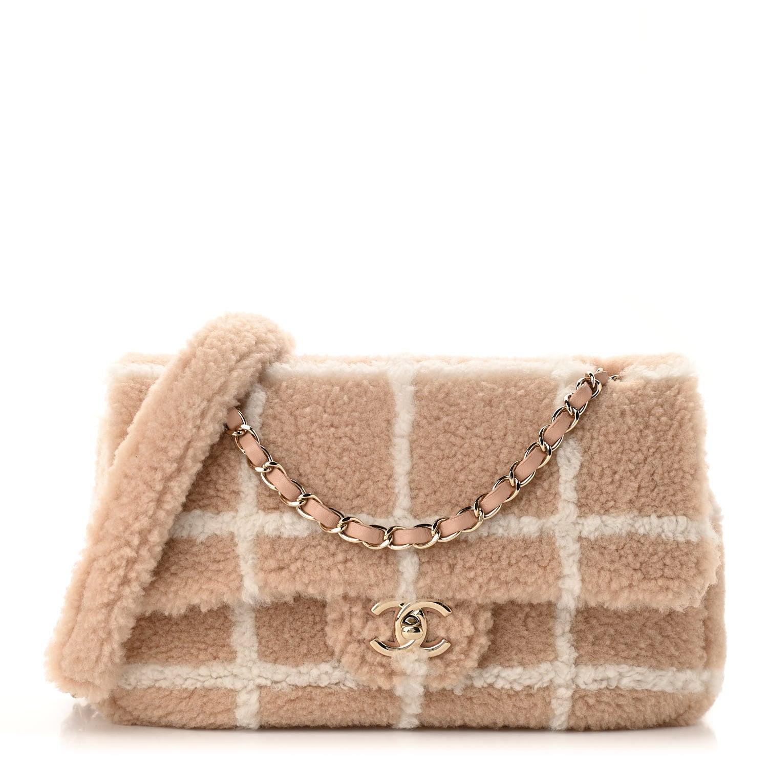 Chanel Shearling Lambskin Large Fluffy Tartan Single Flap Beige White ...