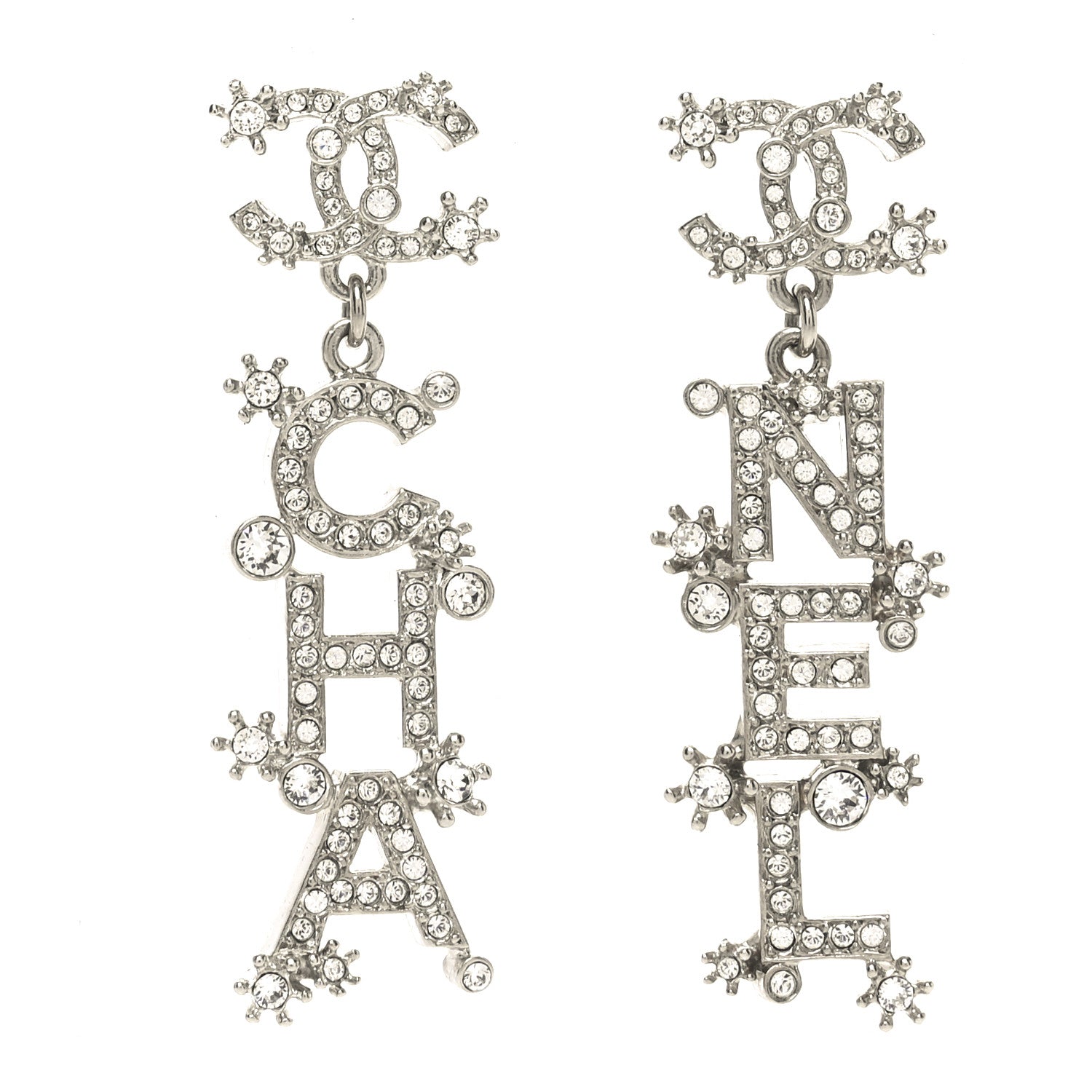 Chanel Crystal Cha-Nel Logo Drop Earrings Silver 1755502 – FASHIONPHILE