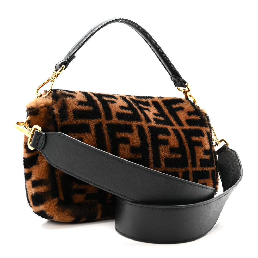 Fendi Shearling Vitello Dolce Macro FF 1974 Baguette Tobacco Black ...
