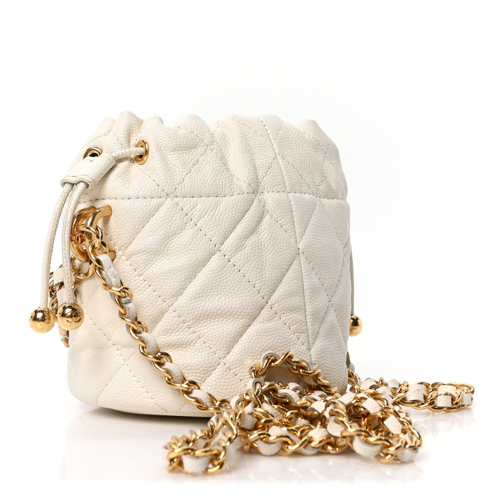 Chanel Caviar Quilted Mini Chain Drawstring Bucket Bag White 1771172 ...