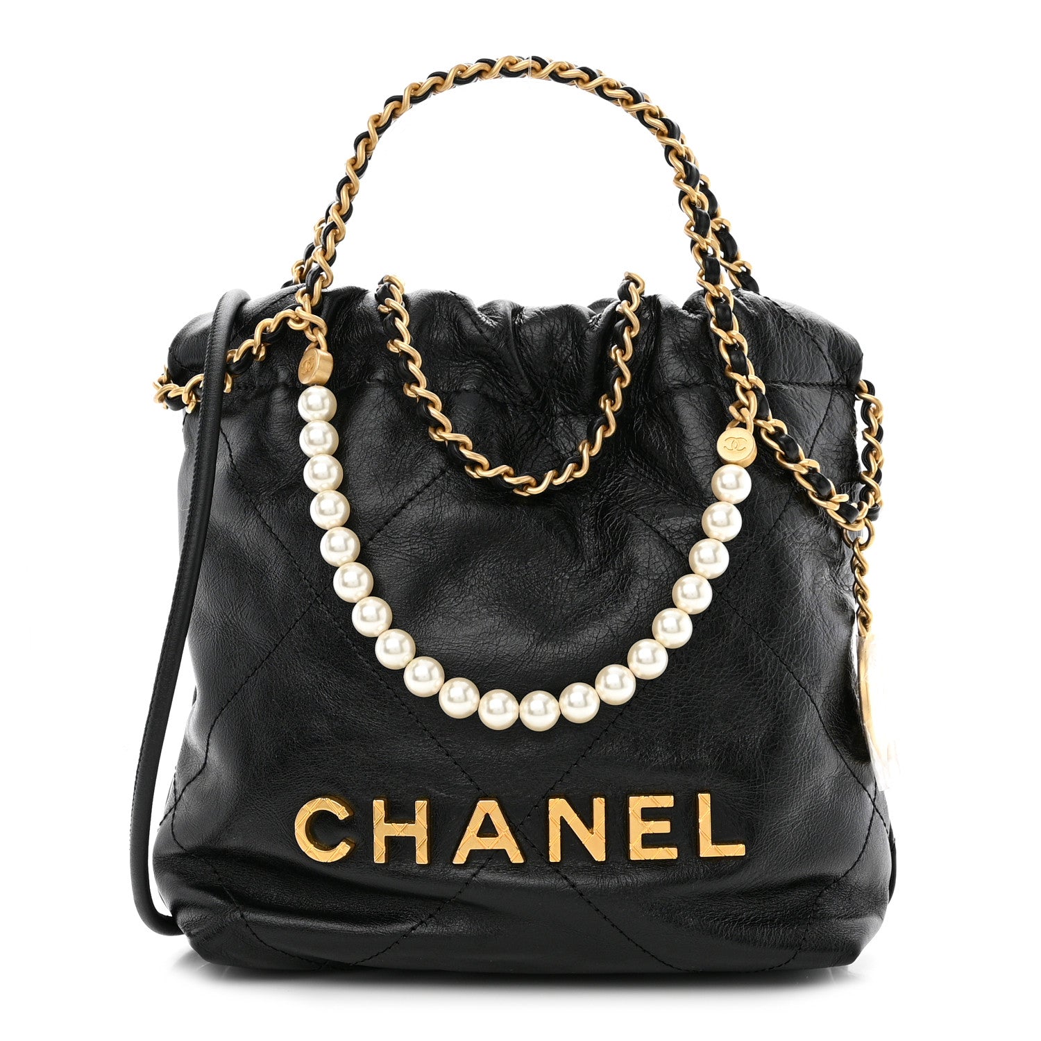 CHANEL Shiny Crumpled Calfskin Quilted Pearl Mini Chanel 22 Black ...