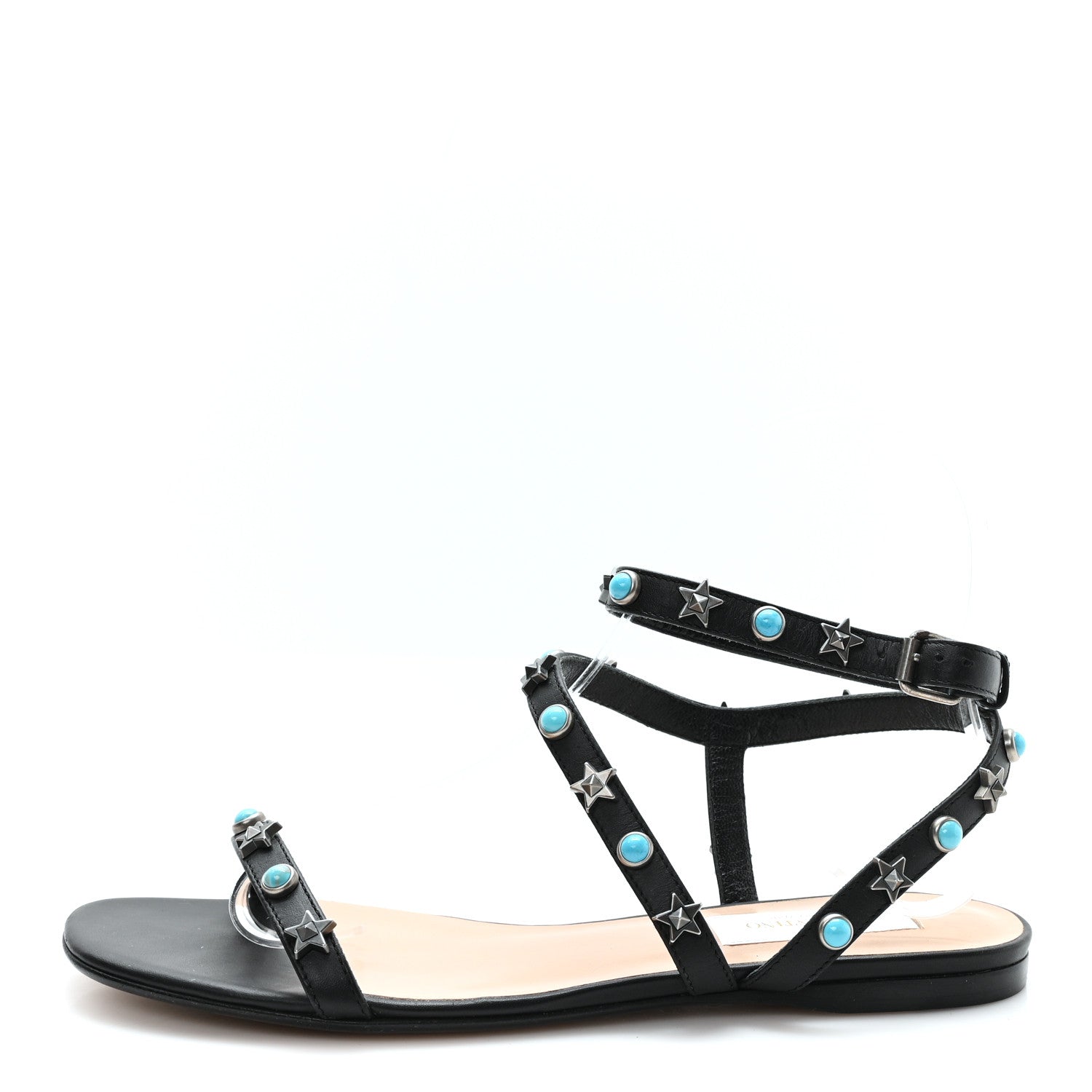 Valentino Garavani Calfskin Rockstud Rolling Ankle Wrap Flat Sandals 35 ...