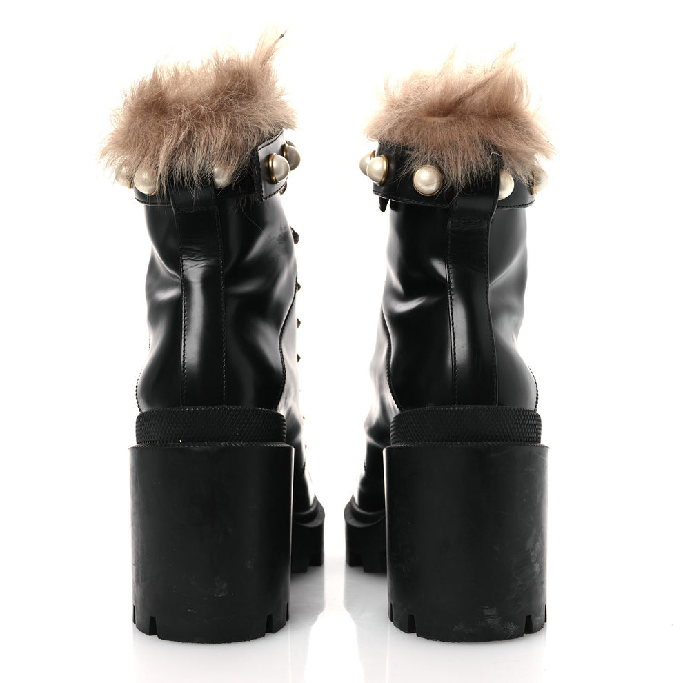 Gucci Magnum Calfskin Fur Pearl Lace Up Combat Ankle Boots 39.5 Black ...