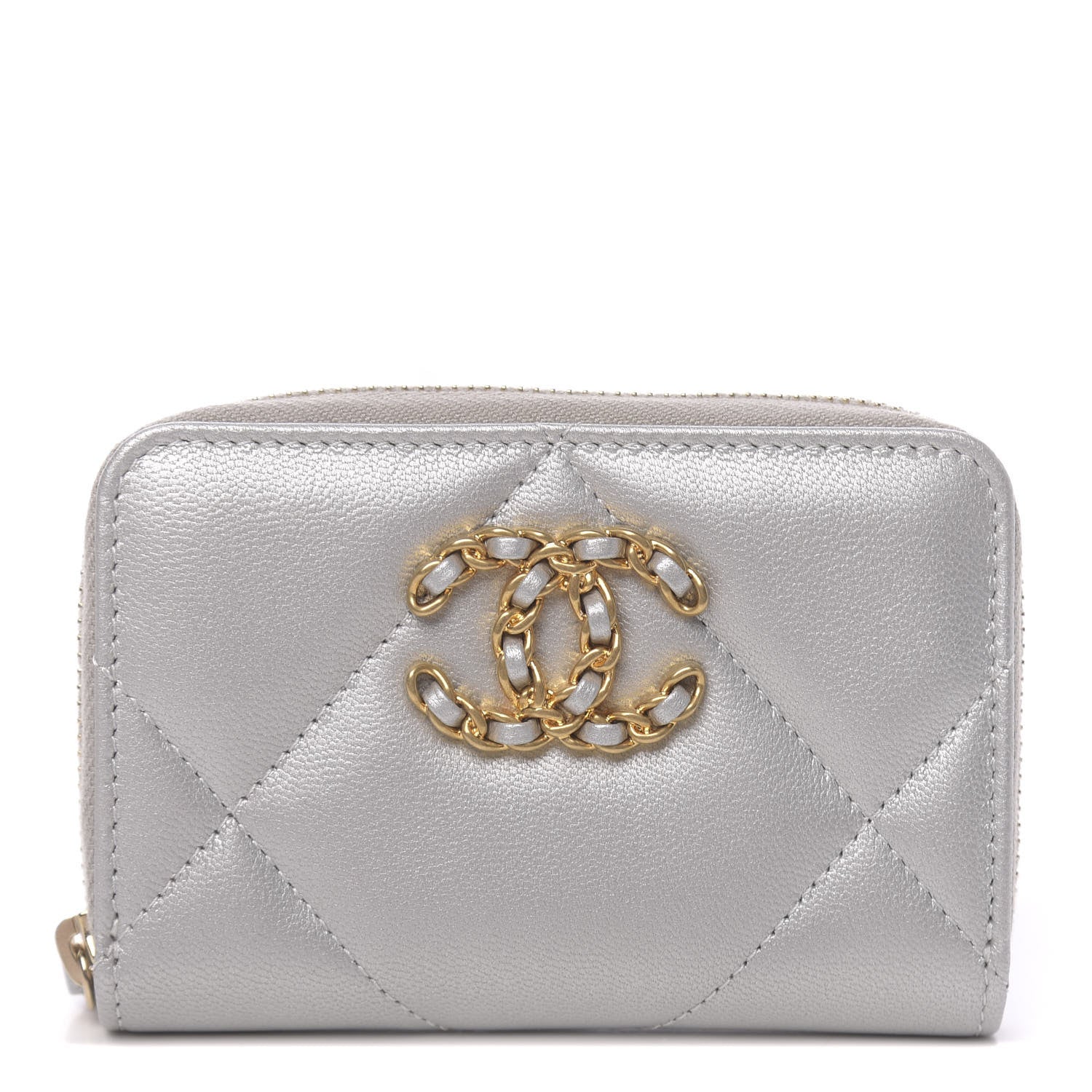 Chanel Goatskin Quilted 19 Zip Around Coin Purse Wallet Silver 620978 ...