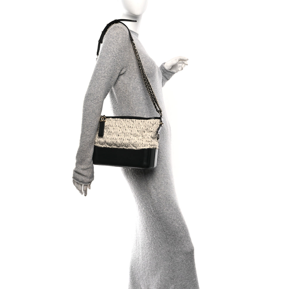 Chanel Tweed Calfskin Quilted Medium Gabrielle Hobo Ivory Black 1860059 ...