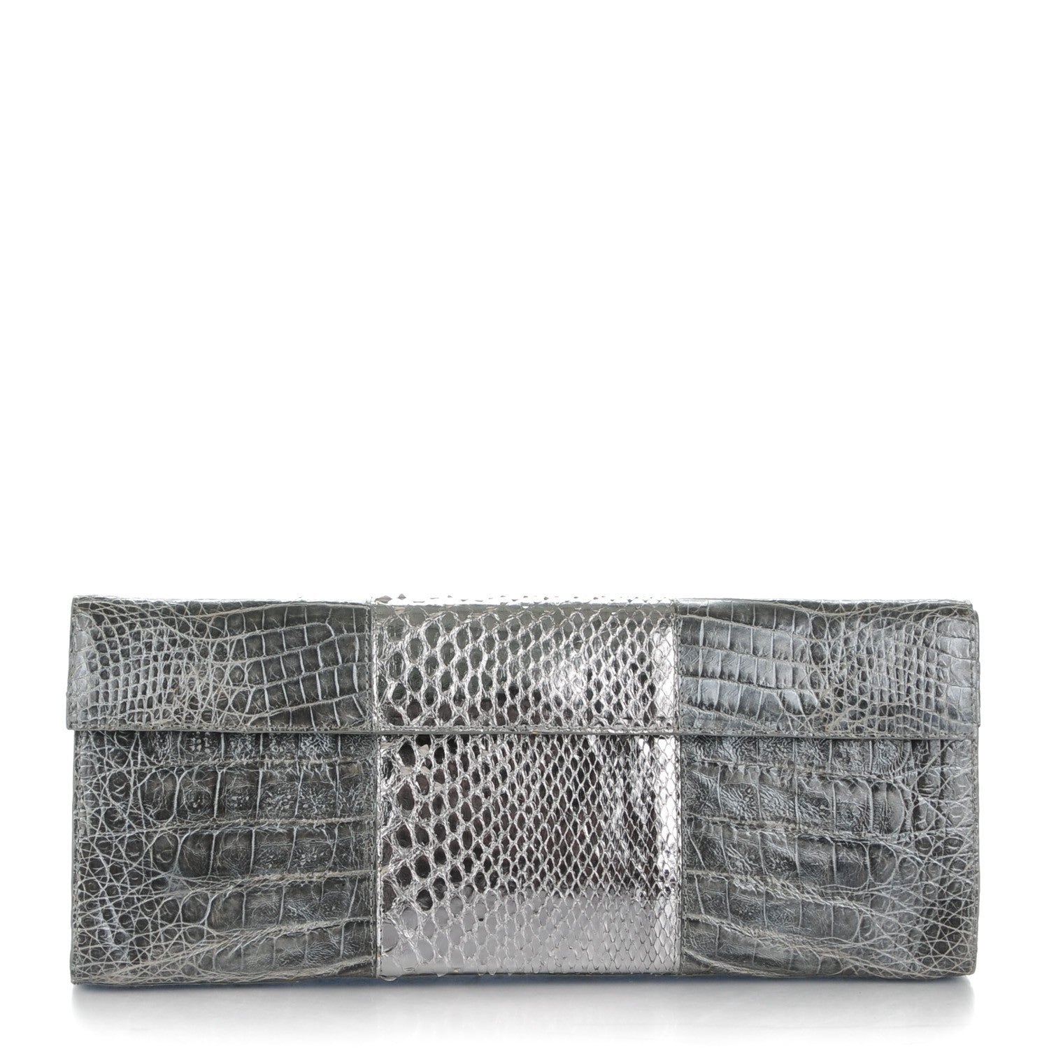 Nancy Gonzalez Metallic Crocodile Python Foldover Clutch Grey Silver ...