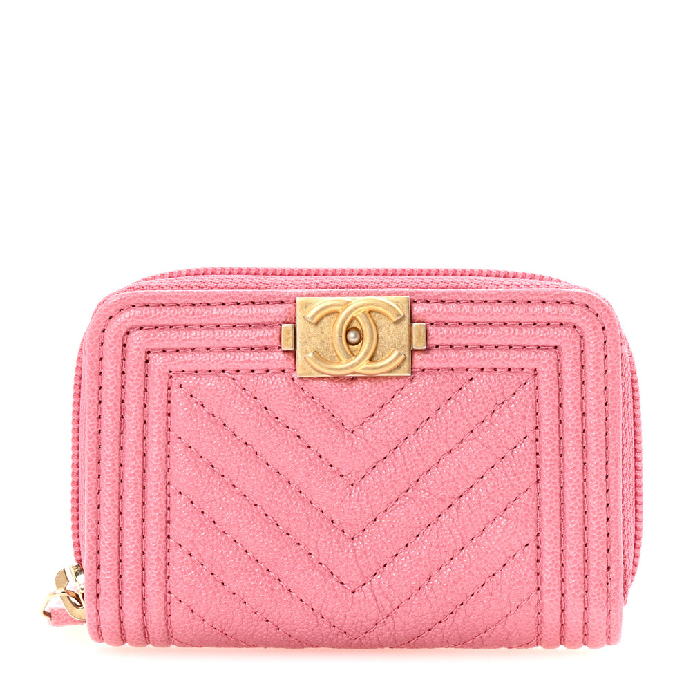 Chanel Caviar Chevron Quilted Boy Zip Around Coin Purse Wallet Pink ...