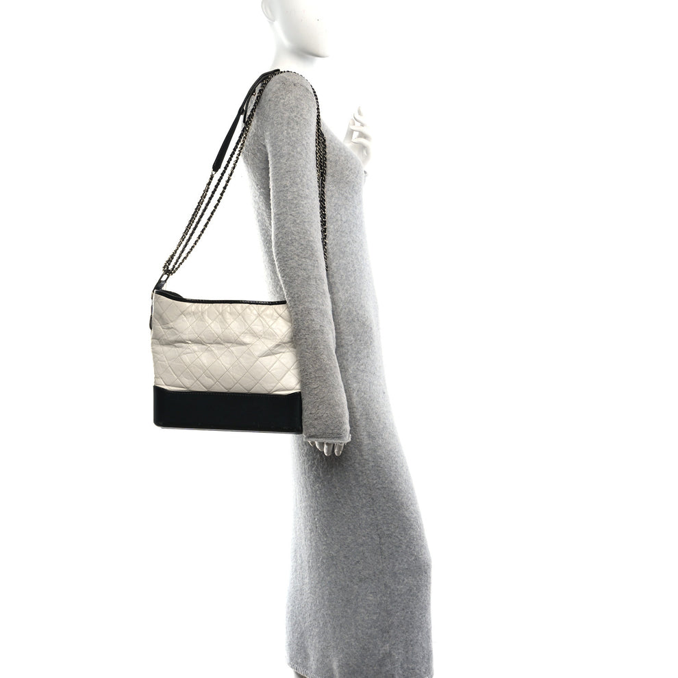 Chanel Aged Calfskin Quilted Large Gabrielle Hobo White Black 1889749 ...