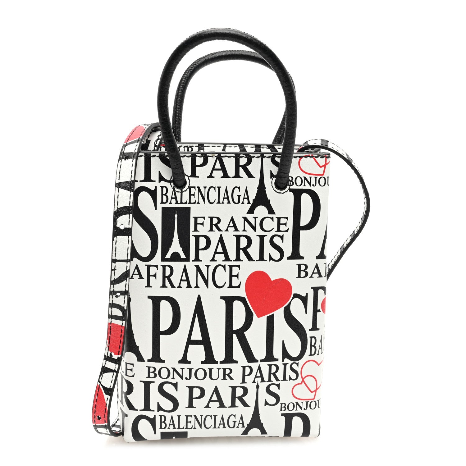 Balenciaga Calfskin Bonjour Paris Print Shopping Phone Holder Bag Paris ...