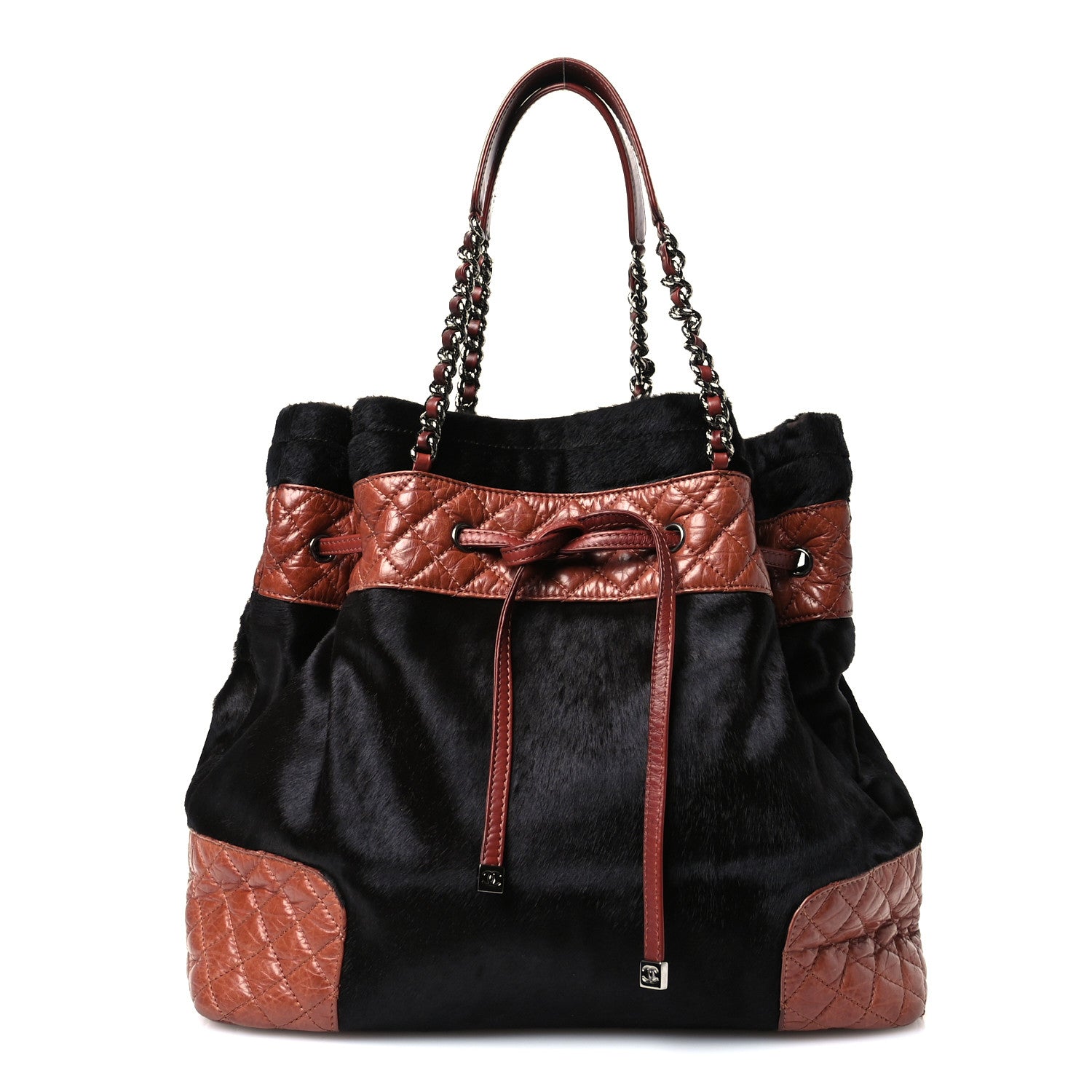 Chanel Aged Calfskin Pony Hair Quilted Miss Pony Drawstring Tote Brown ...