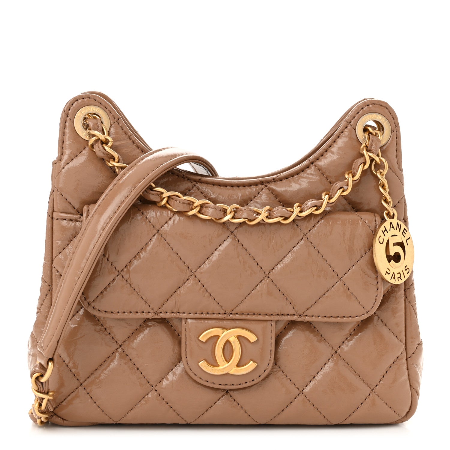 Chanel Shiny Crumpled Calfskin Quilted Small Wavy CC Hobo Dark Beige ...