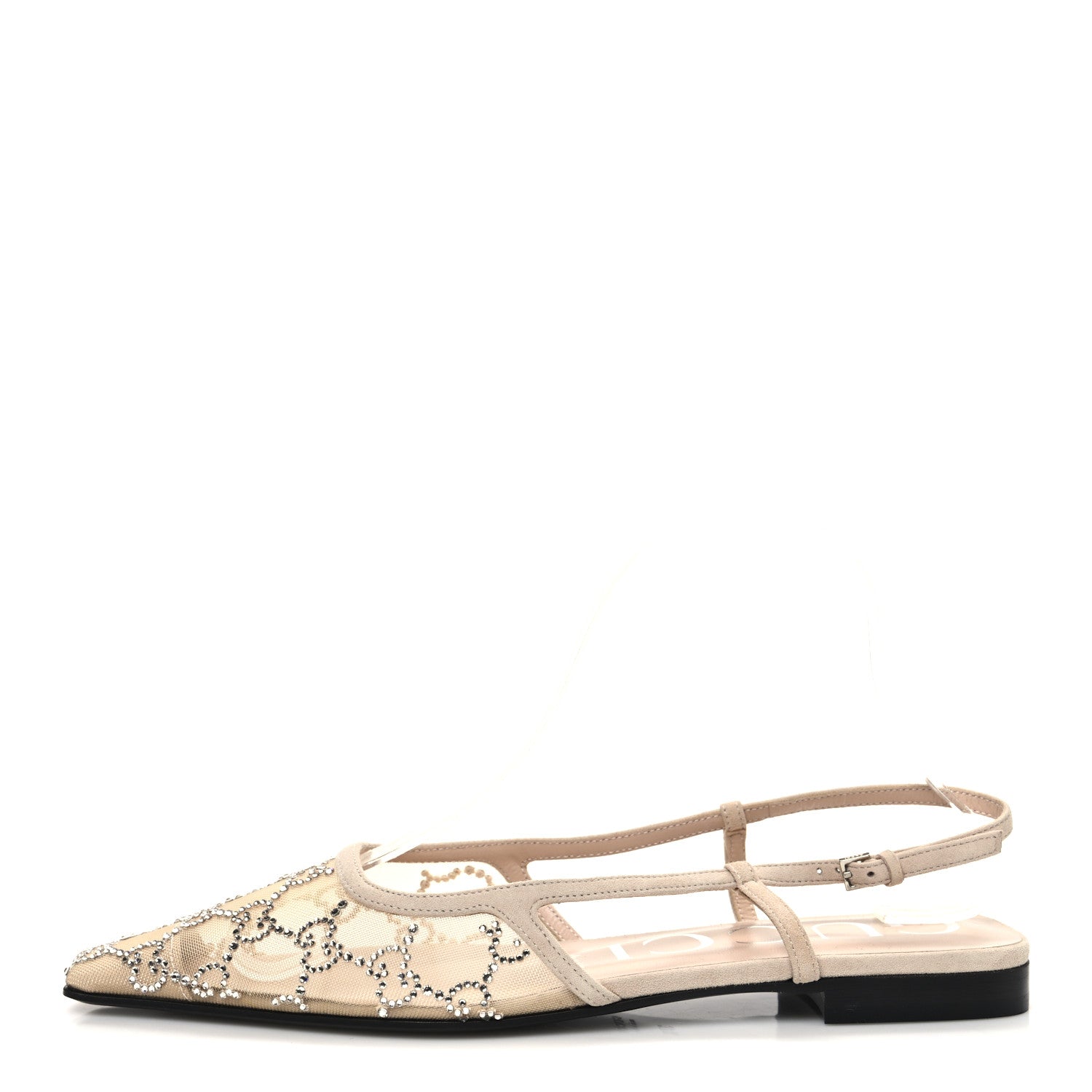 Gucci Suede Mesh Crystal GG Monogram Slingback Ballet Flats 37.5 Light ...