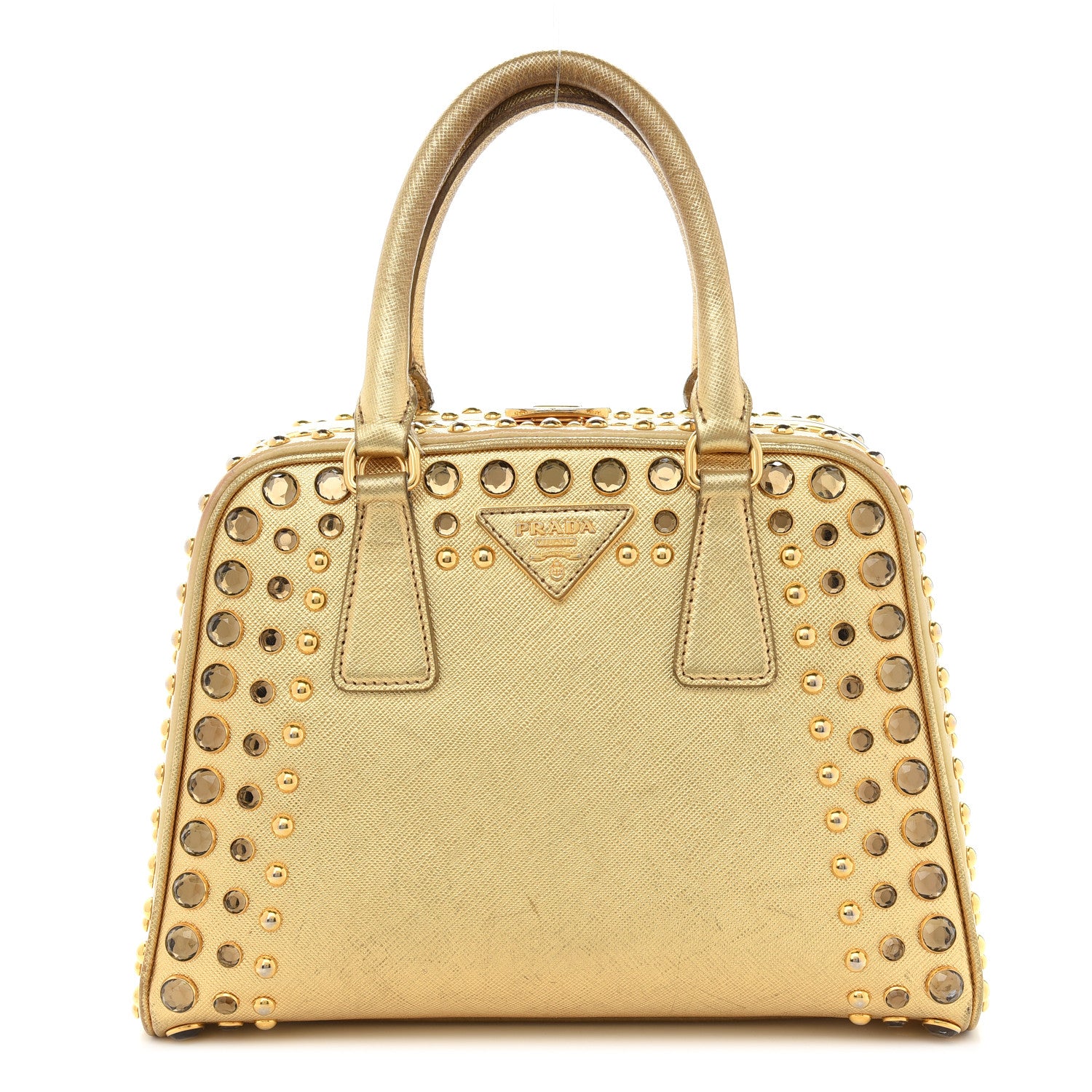 Prada Saffiano Studded Pyramid Bag Gold 931690 – FASHIONPHILE
