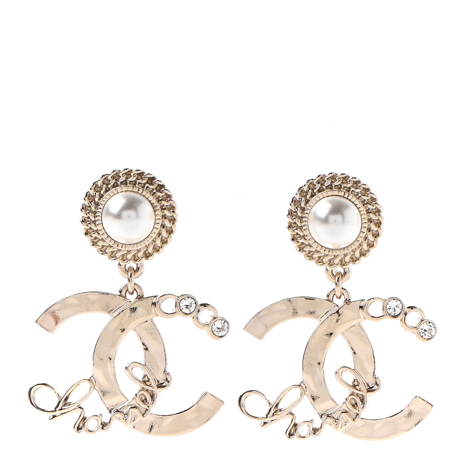 Chanel Metal Pearl Crystal Coco Script CC Drop Earrings Gold 926474 ...