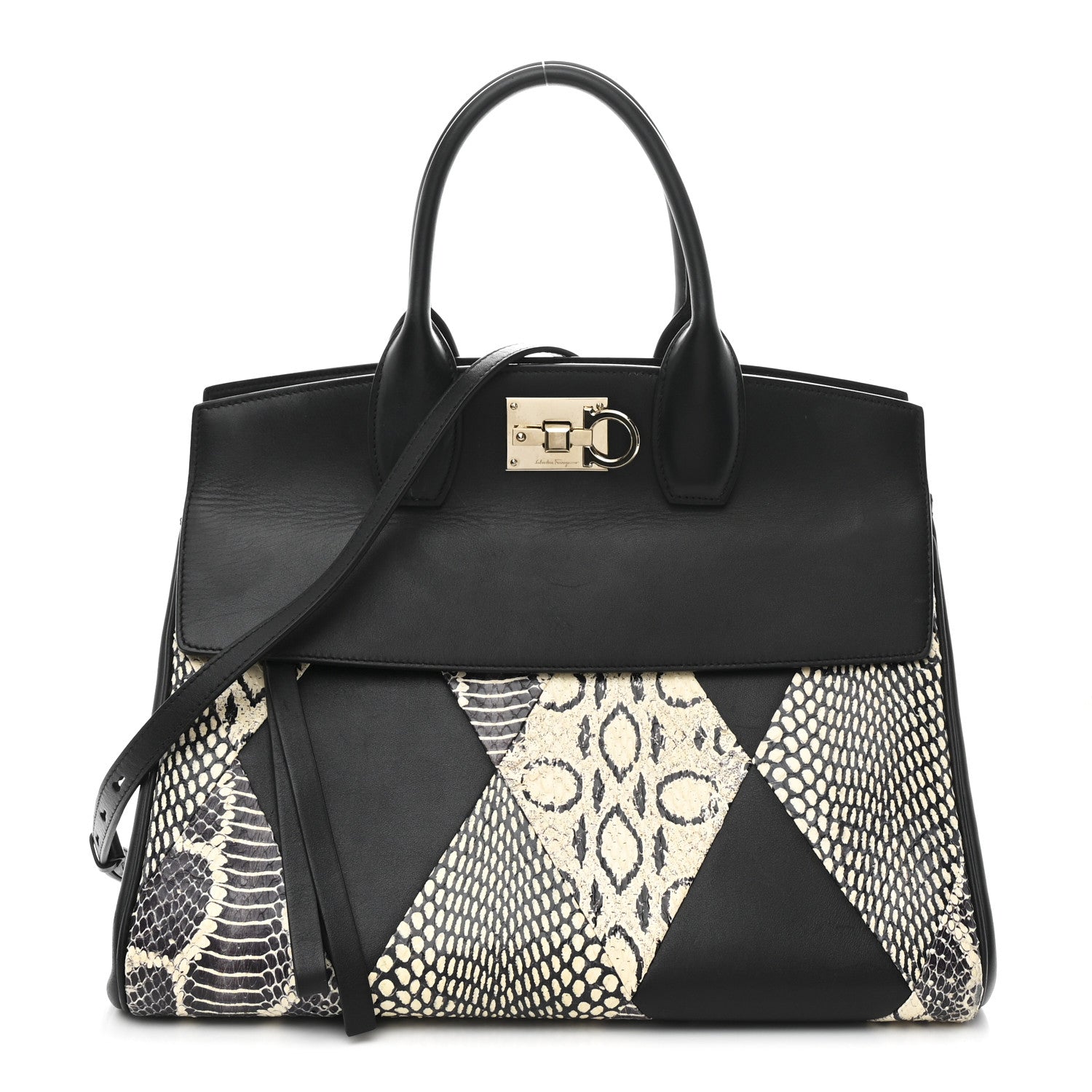 Salvatore Ferragamo Calfskin Snakeskin Gancini Large Studio Bag Black ...
