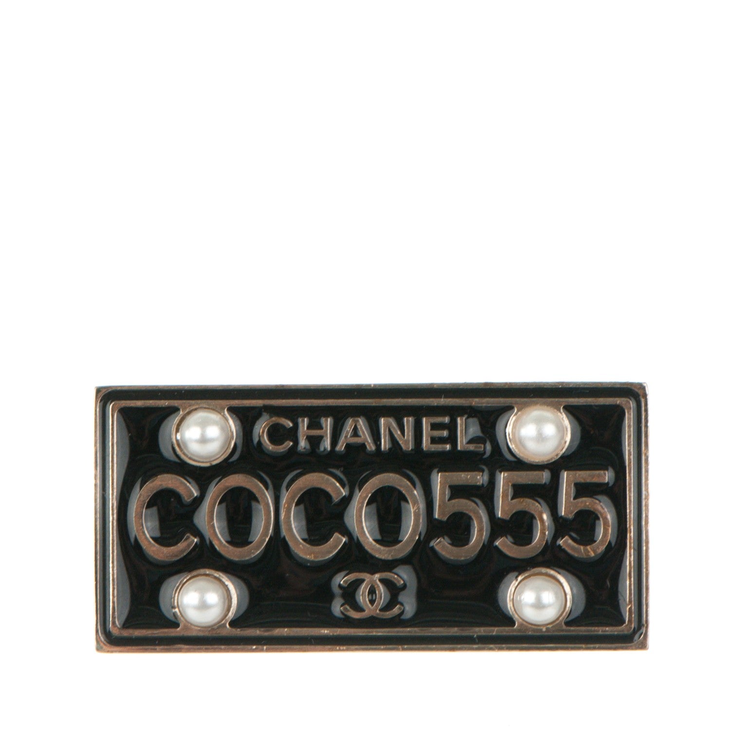 Chanel Metal Resin Pearl Coco License Plate Brooch Black Gold 173178 ...