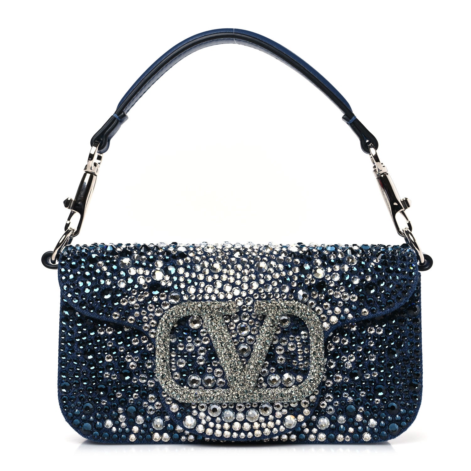 Valentino Garavani Denim Crystal Vlogo Embroidered Small Loco Shoulder ...