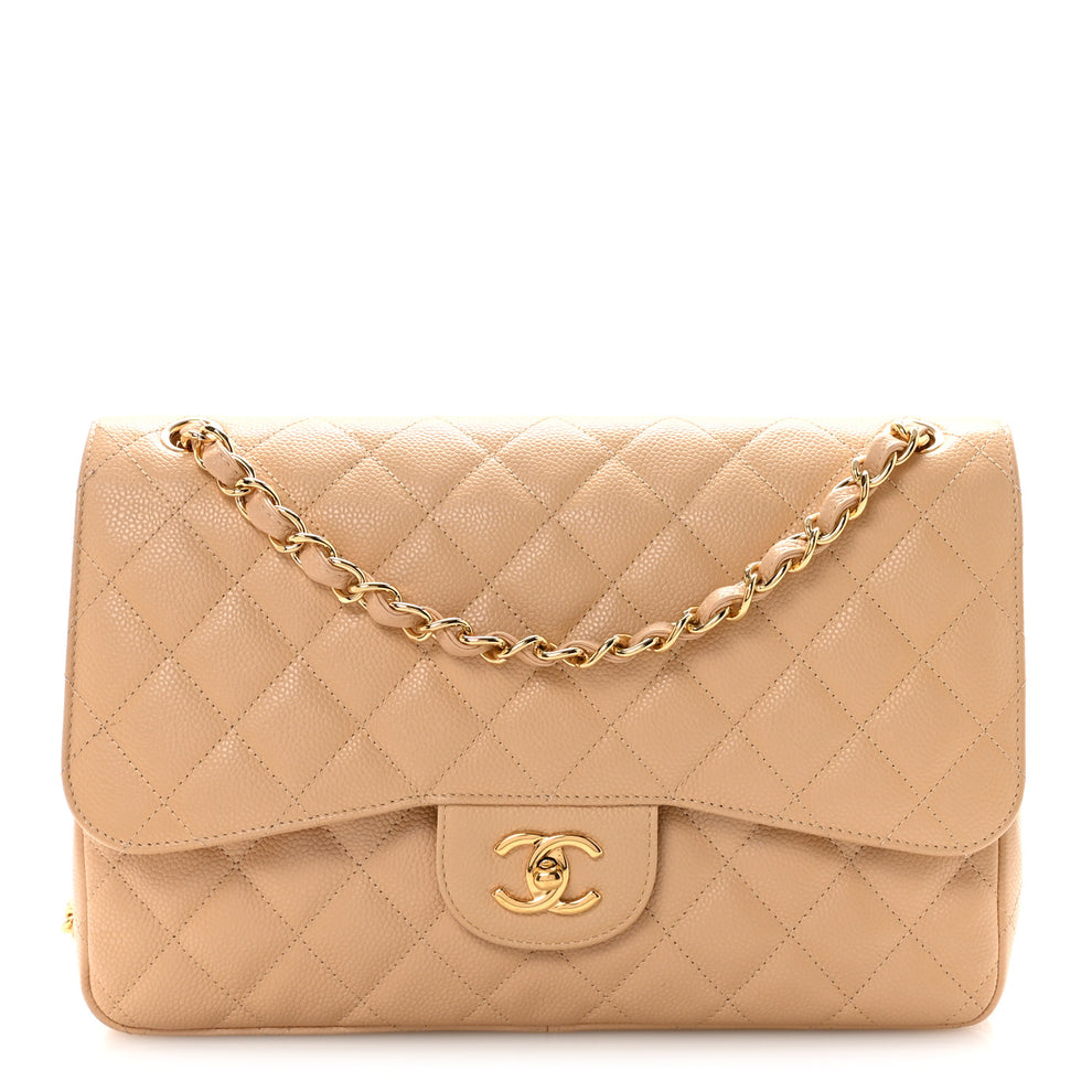 Chanel Caviar Quilted Jumbo Double Flap Light Beige 1857003 – FASHIONPHILE