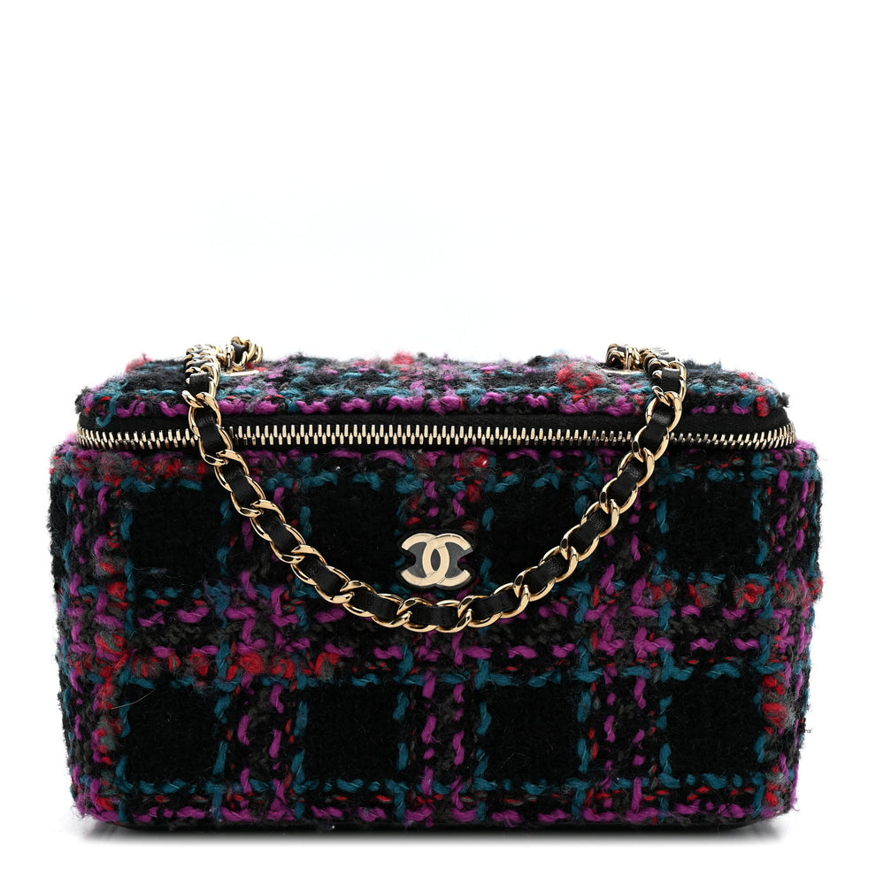 Chanel Tweed Quilted Small Vanity Case With Chain Black Purple Green ...