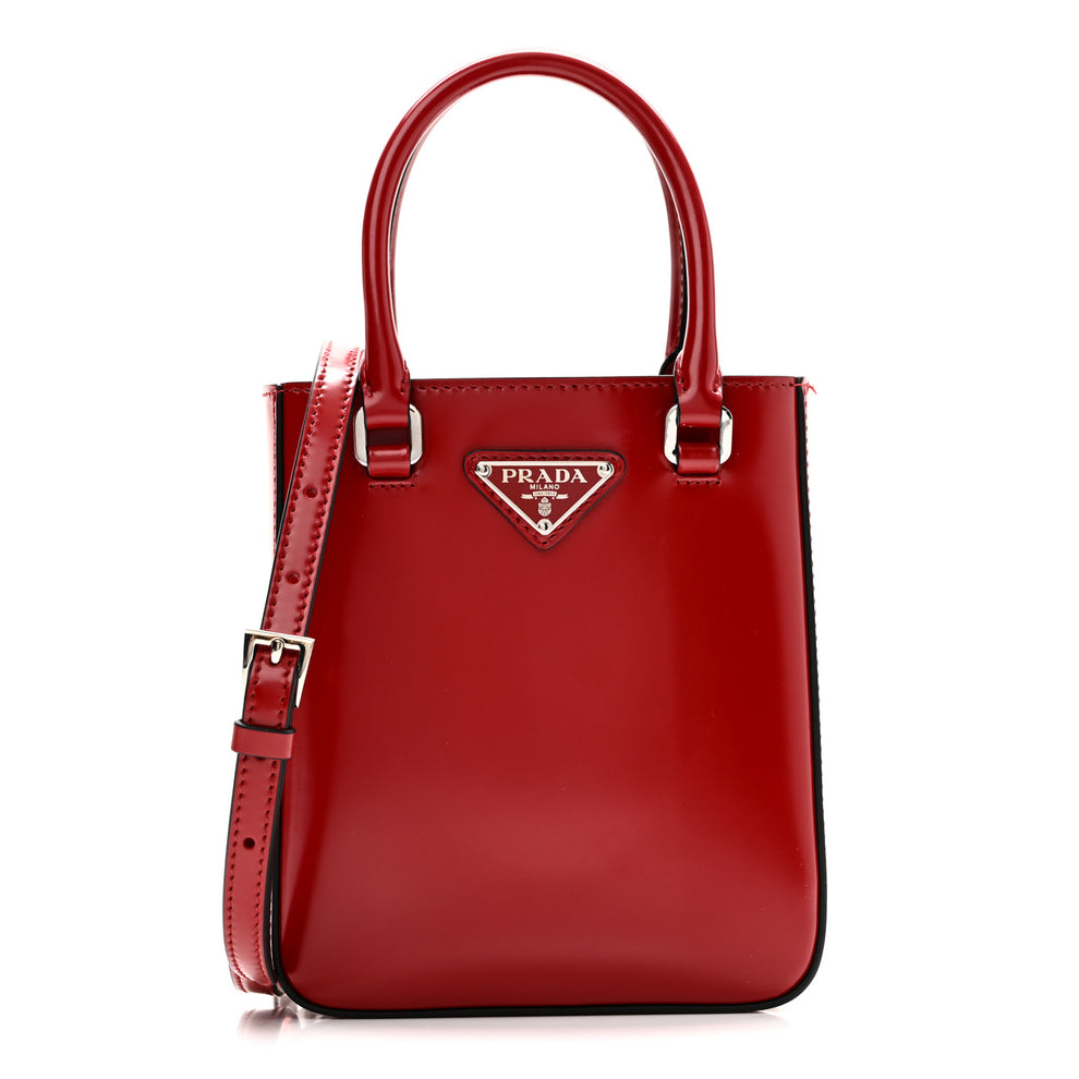 Prada Spazzolato Metal Triangle Logo Small Double Handle Crossbody Tote ...