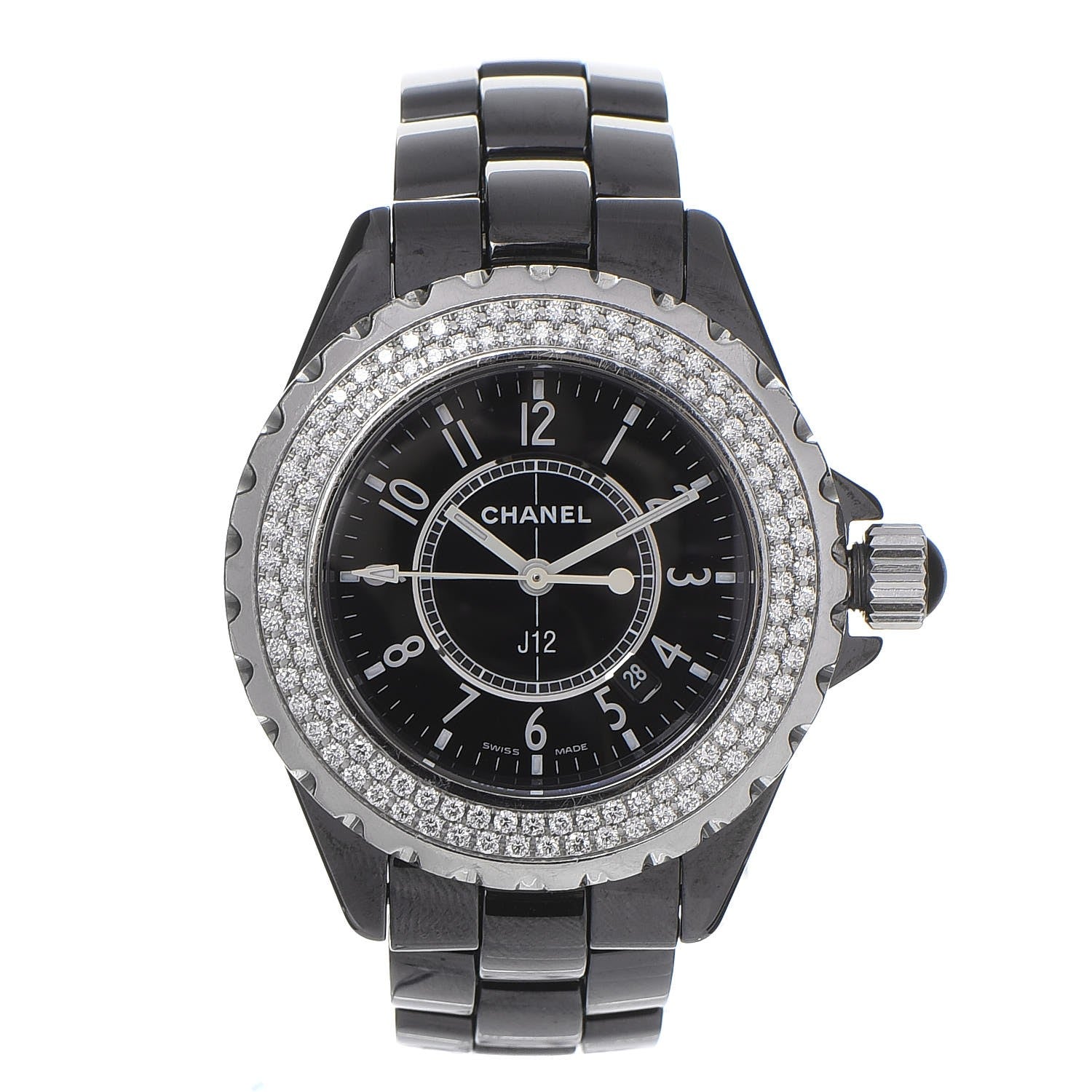 Chanel Stainless Steel Ceramic Diamond Pave Bezel 33mm J12 Quartz Watch ...