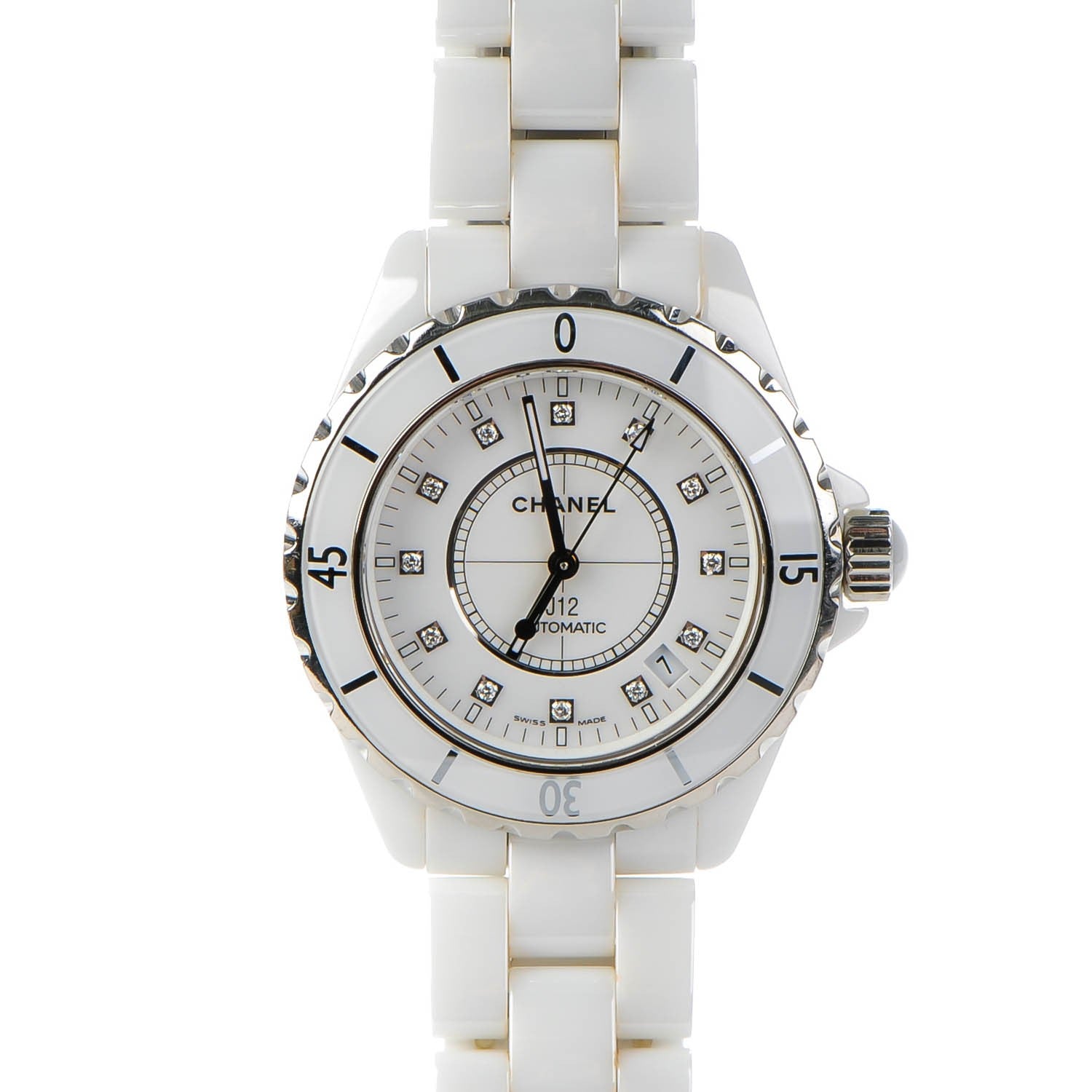 Chanel Stainless Steel Ceramic Diamond 38mm J12 Automatic Watch White ...