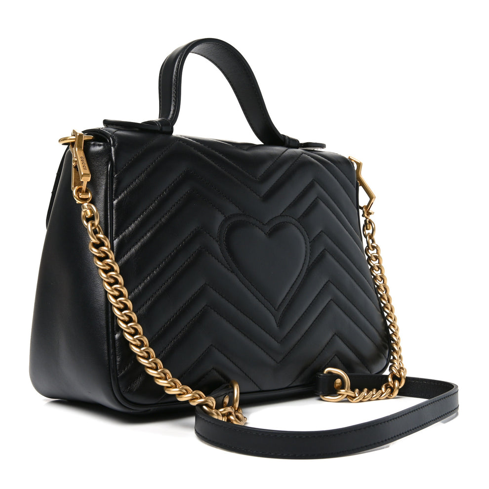 Gucci Calfskin Matelasse Small GG Marmont Top Handle Shoulder Bag Black ...