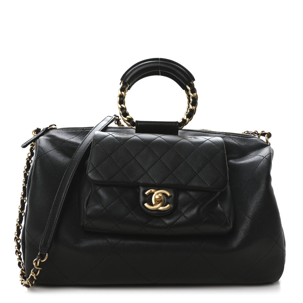 Chanel Grained Calfskin Lambskin Quilted Large Bowling Bag Black ...