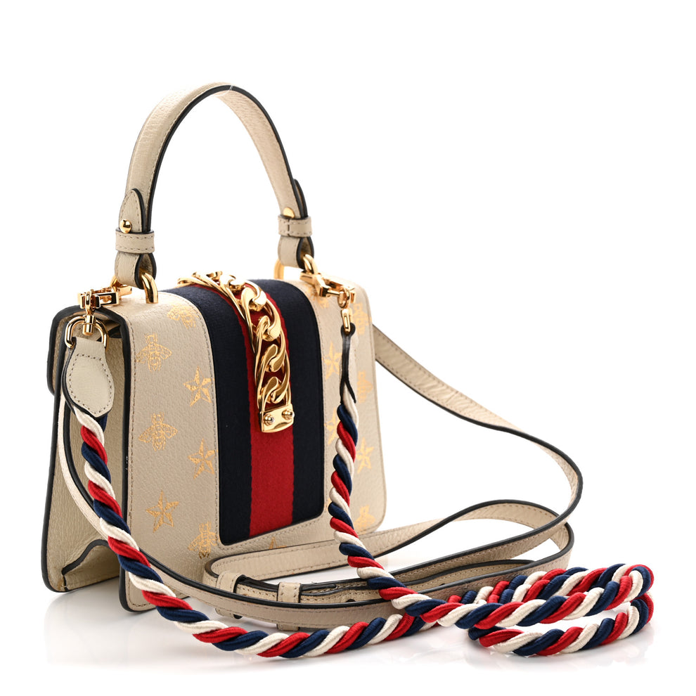 Gucci Textured Calfskin Bee Star Print Mini Sylvie Top Handle Bag ...