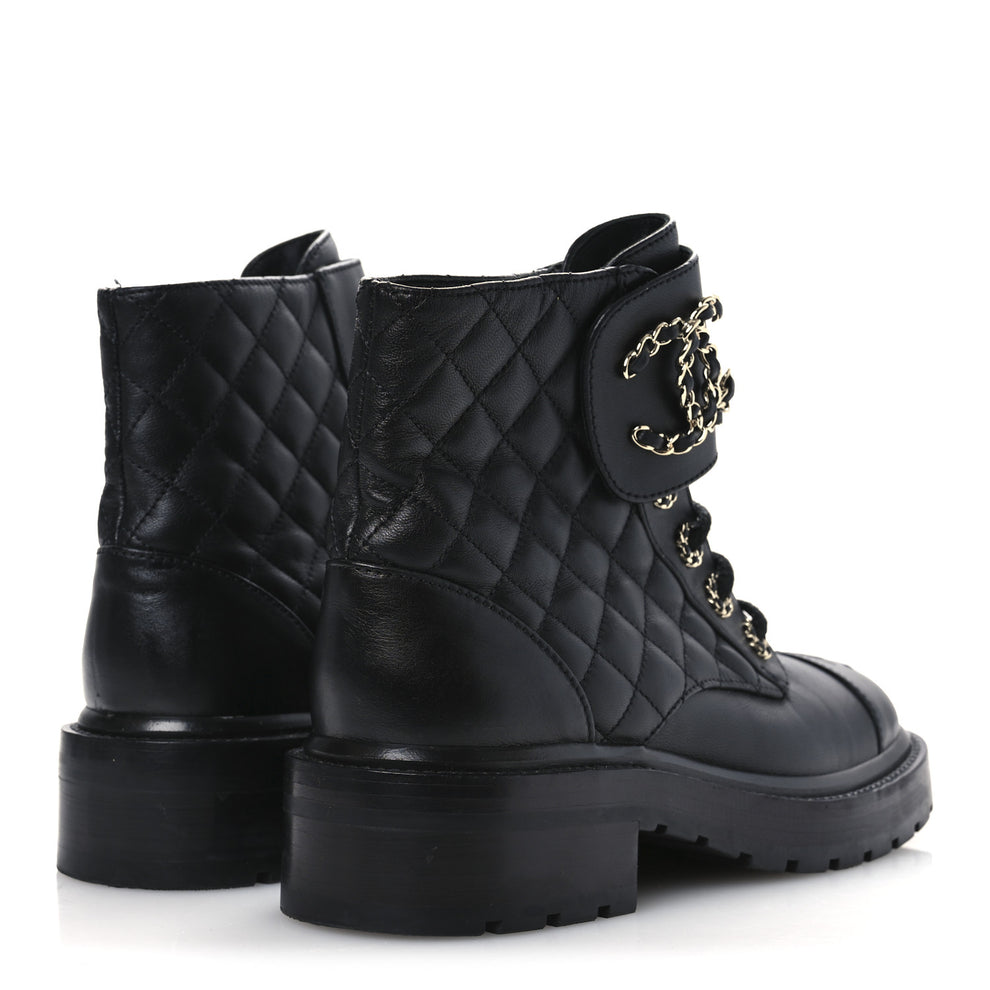 Chanel Shiny Lambskin Quilted Lace Up Combat Boots 36.5 Black 1765969 ...