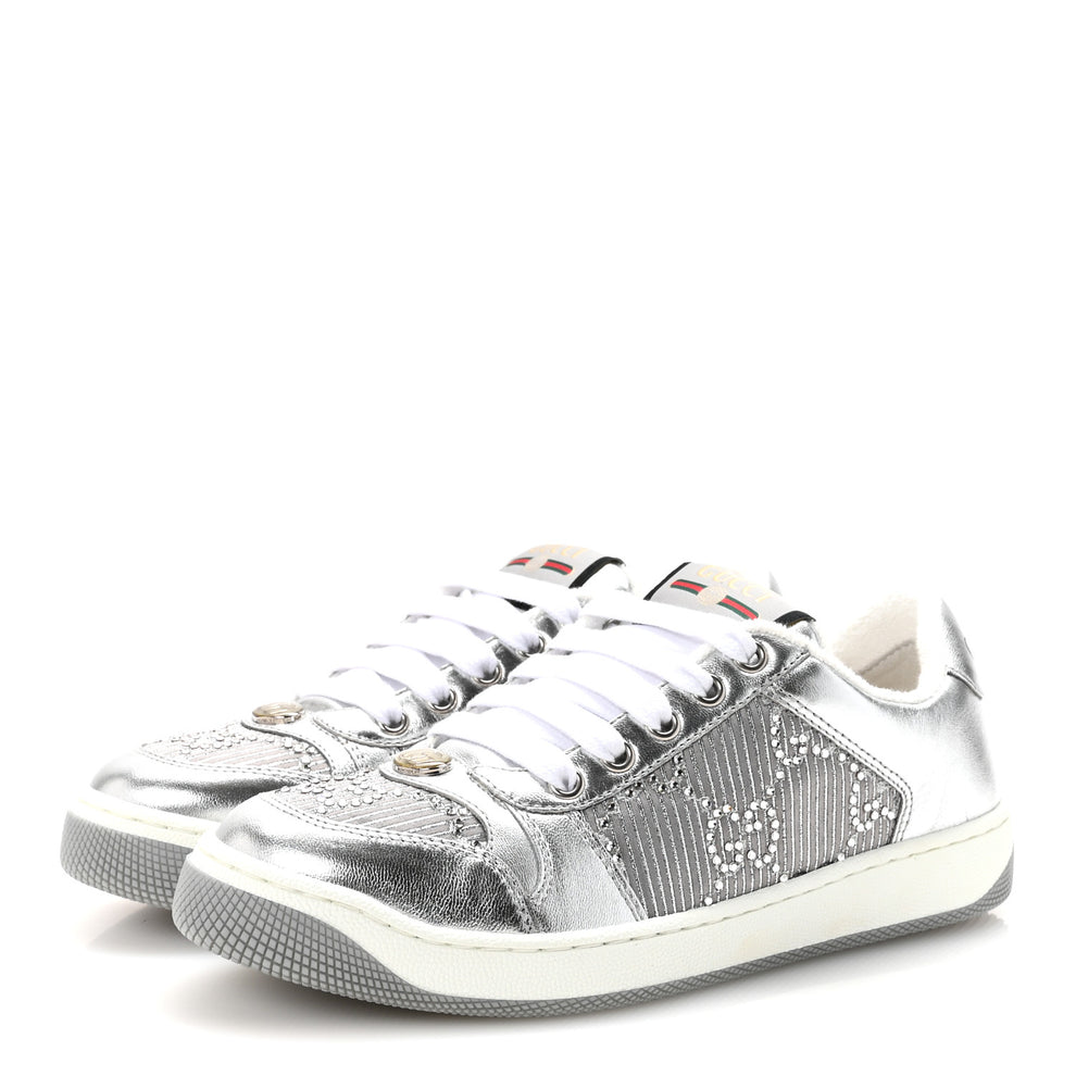 Gucci Metallic Nappa Silk Crystals Womens Screener Sneakers 36.5 Silver ...