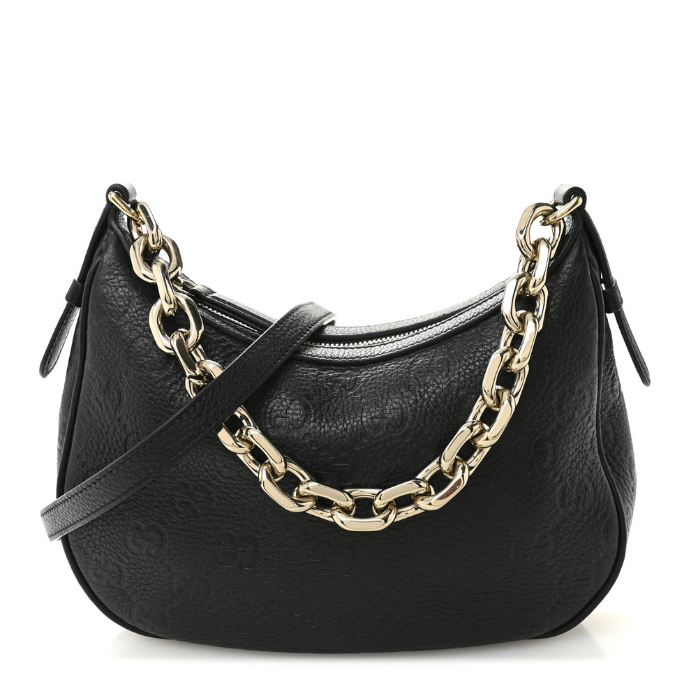 Gucci GG Grainy Calfskin Emblem Small Half Moon Shoulder Bag Black ...
