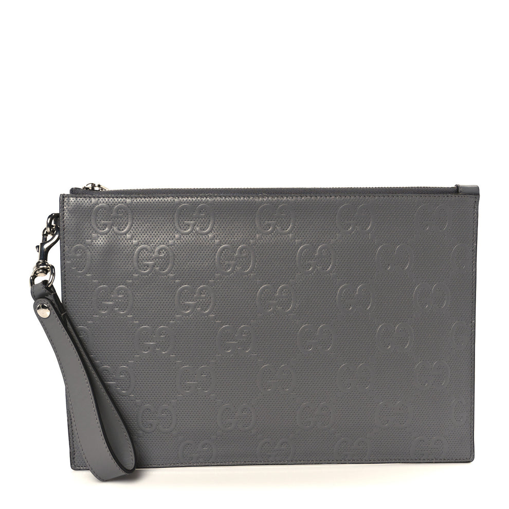 Gucci Calfskin GG Tennis Embossed Wristlet Pouch Grey 1795880 ...