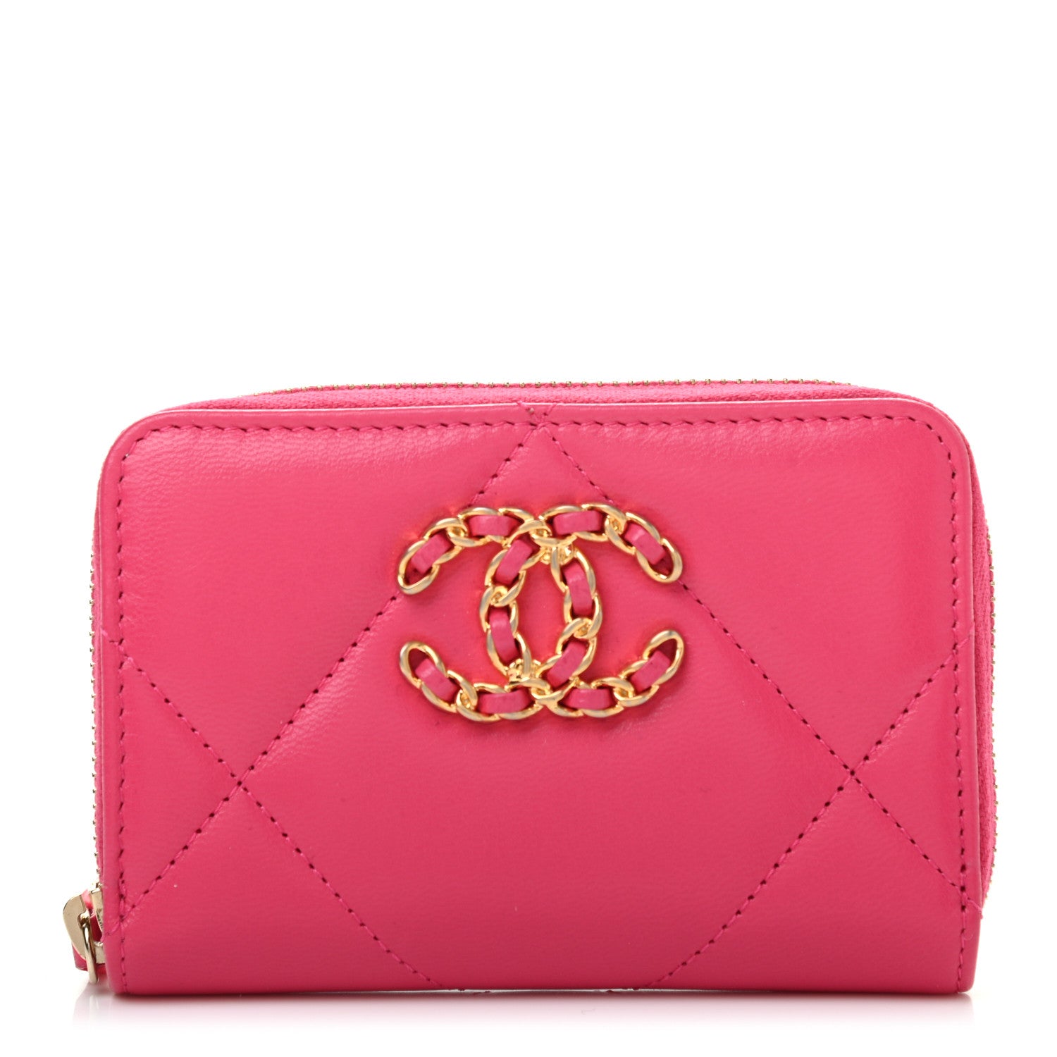 Chanel Shiny Goatskin Quilted 19 Zip Around Coin Purse Wallet Dark Pink ...