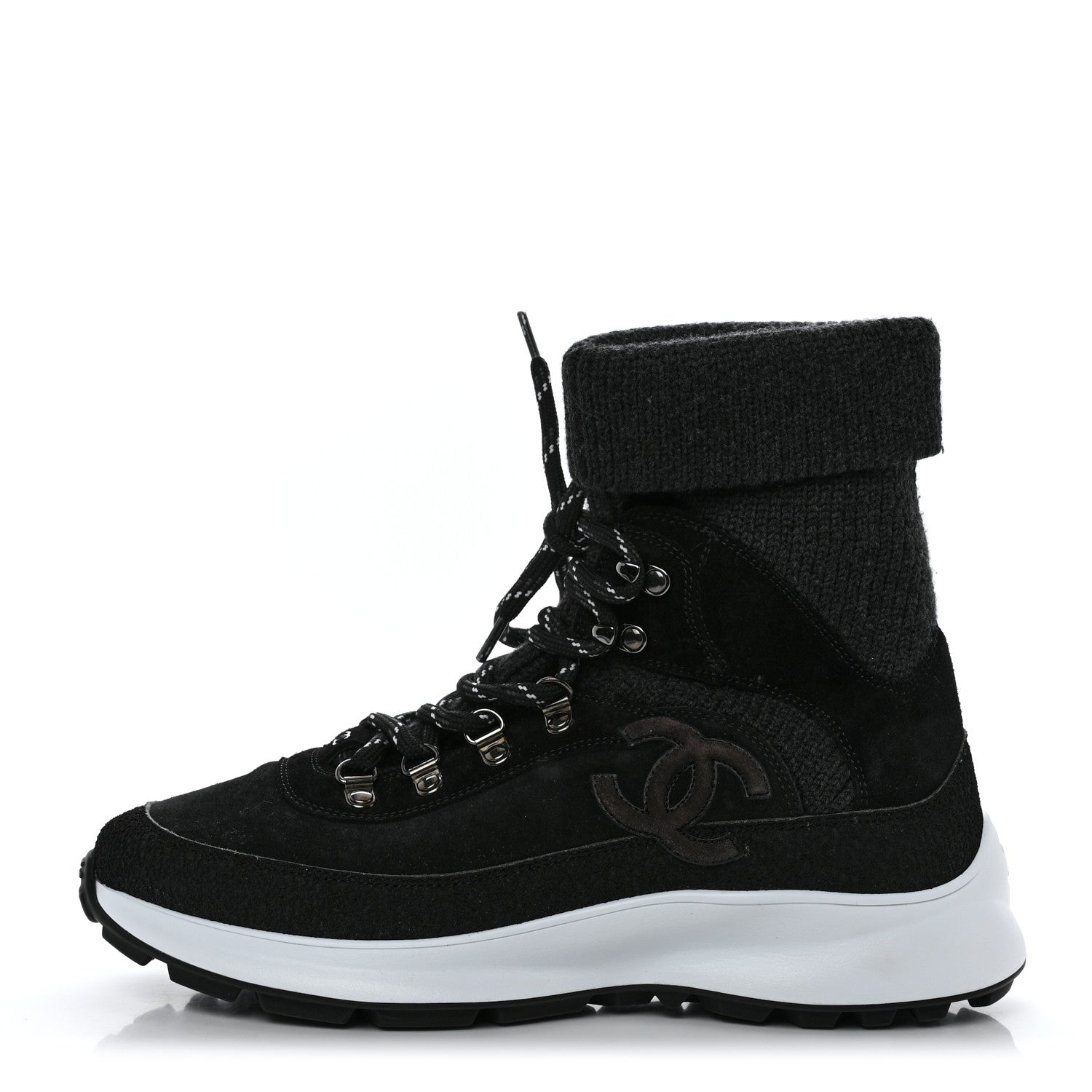 Chanel Suede Calfskin Knit CC Sneakers 40 Black Dark Gray 1309959 ...