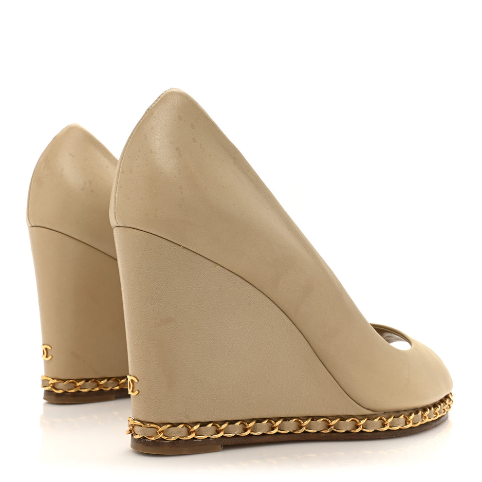 Chanel Calfskin Chain Peep Toe Wedge Pumps 39 Beige 1767625 – FASHIONPHILE