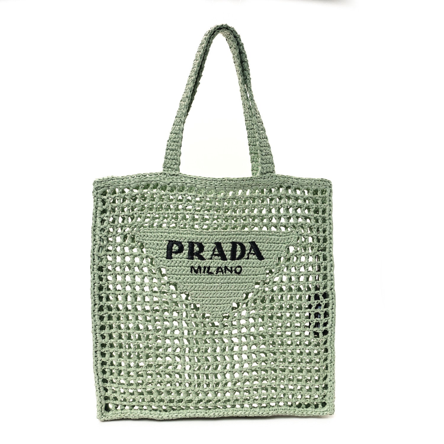 Prada Yarn Raffia Effect Crochet Logo Embroidered Tote Bag Acqua ...