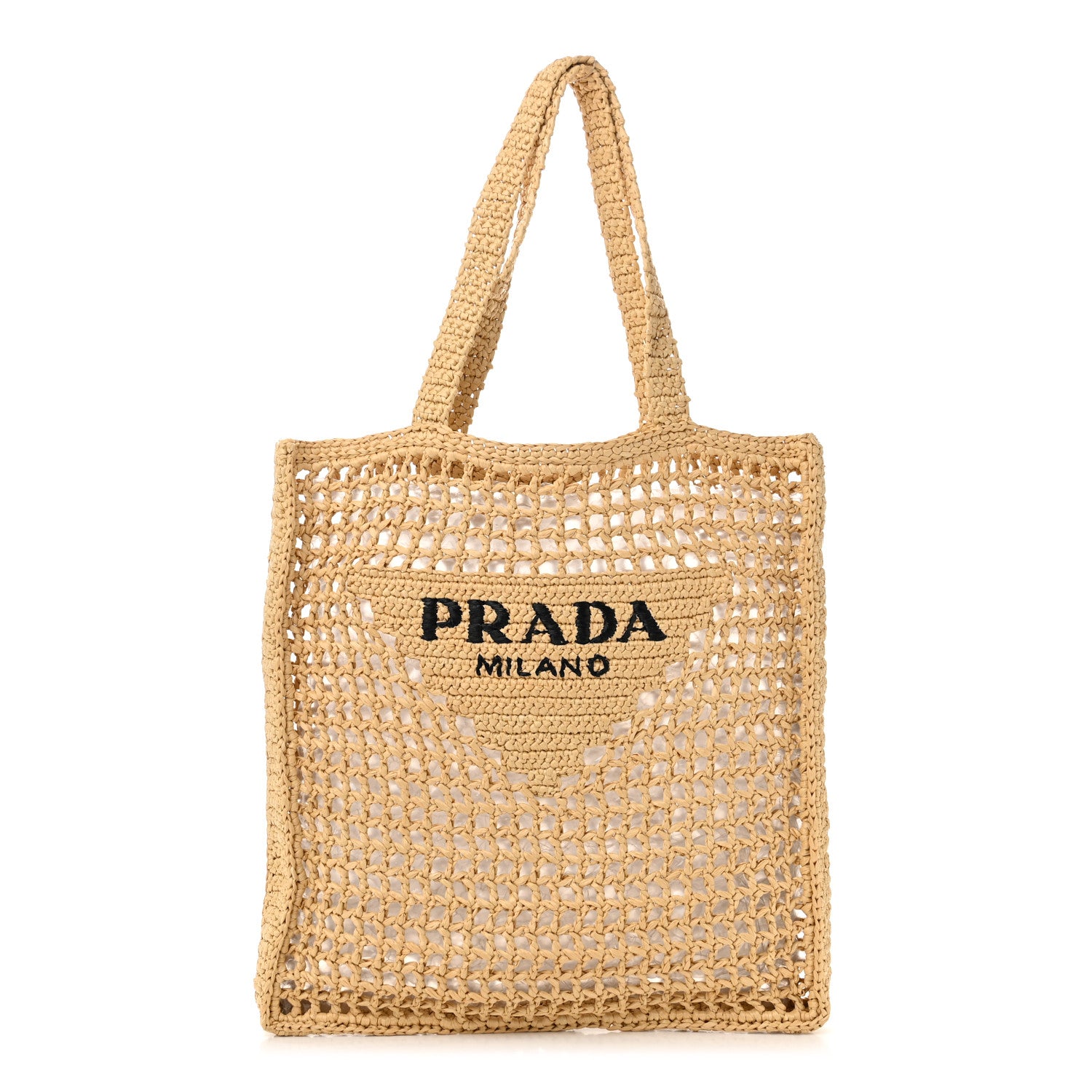 Prada Yarn Raffia Effect Crochet Logo Embroidered Tote Bag Naturale ...