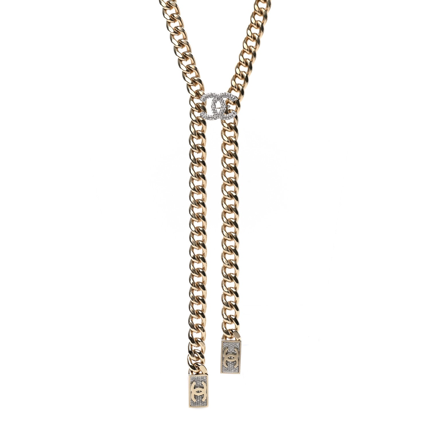 Chanel Chain Link Crystal CC Dog Tag Charm Necklace Gold 1099334 ...